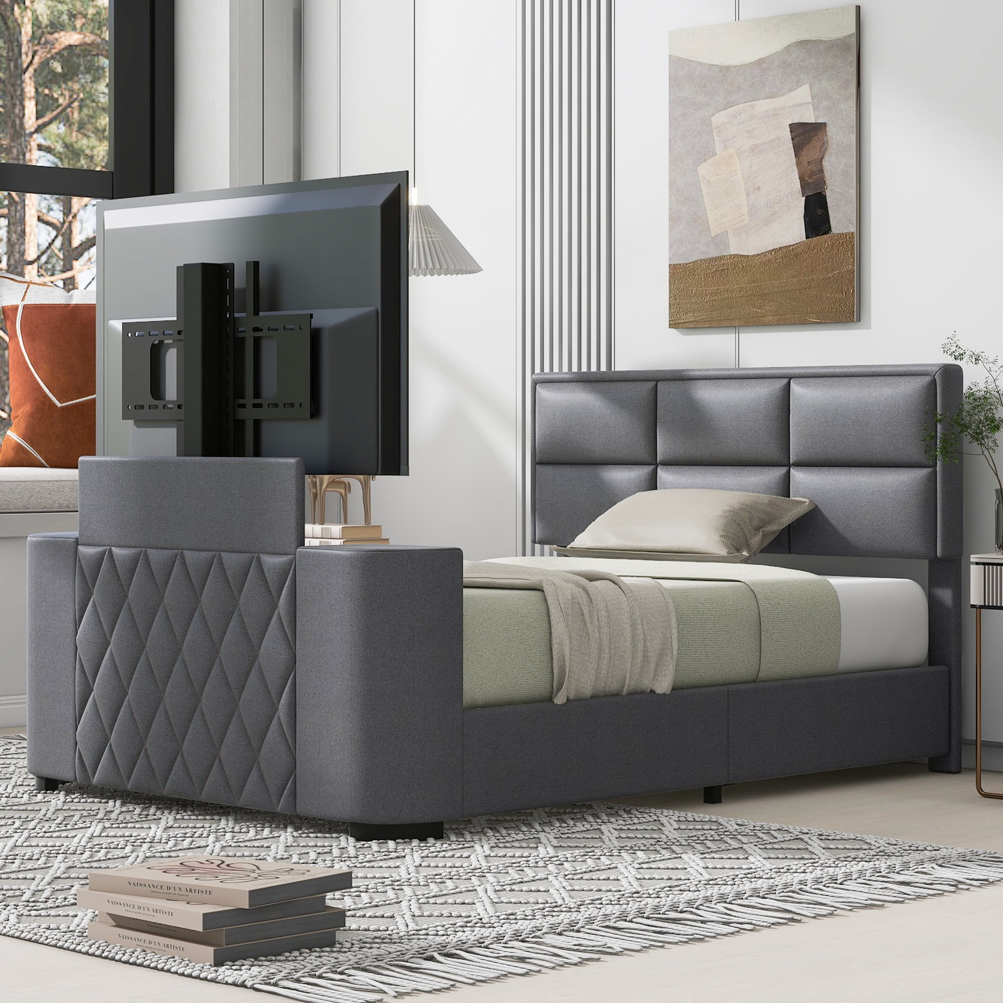 Euroco Queen Platform Bed with Storage and Adjustable Headboard Upholstered Gray