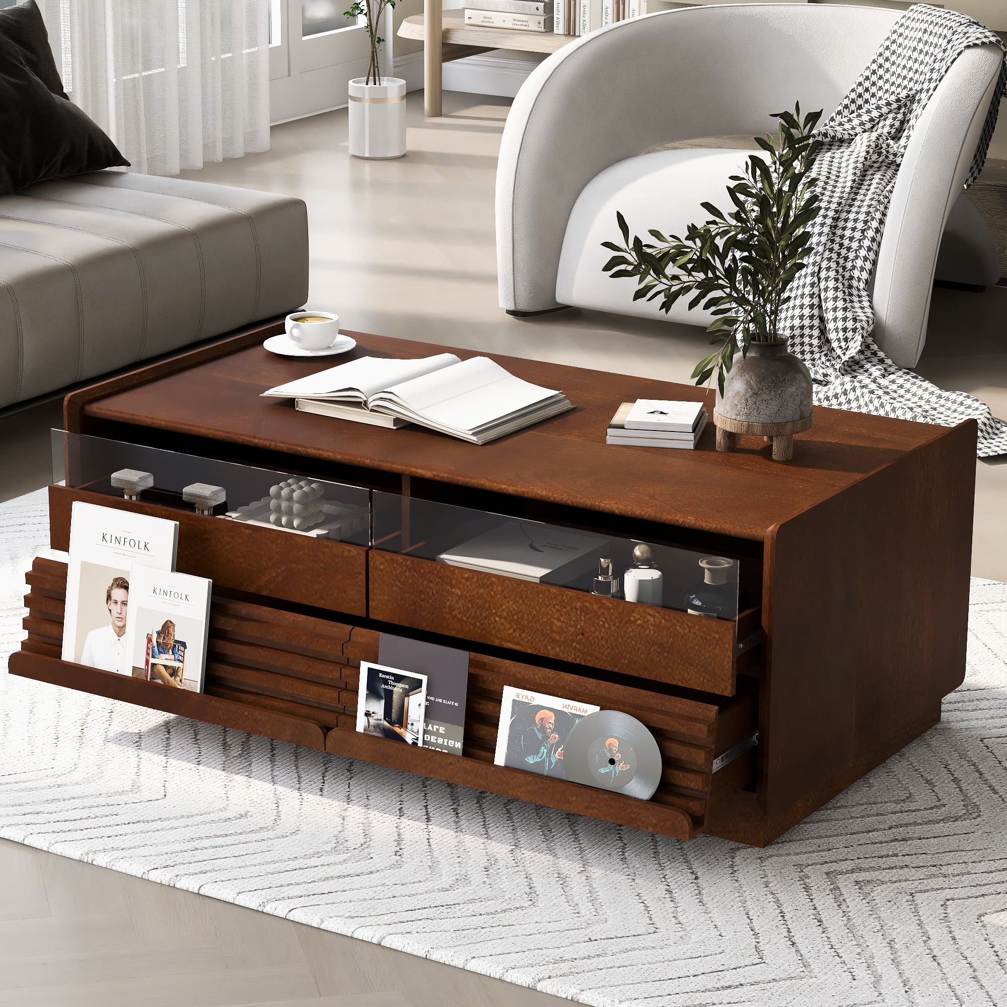 Euroco Vintage-Style Coffee Table with 4 Drawers and Open Shelves ...