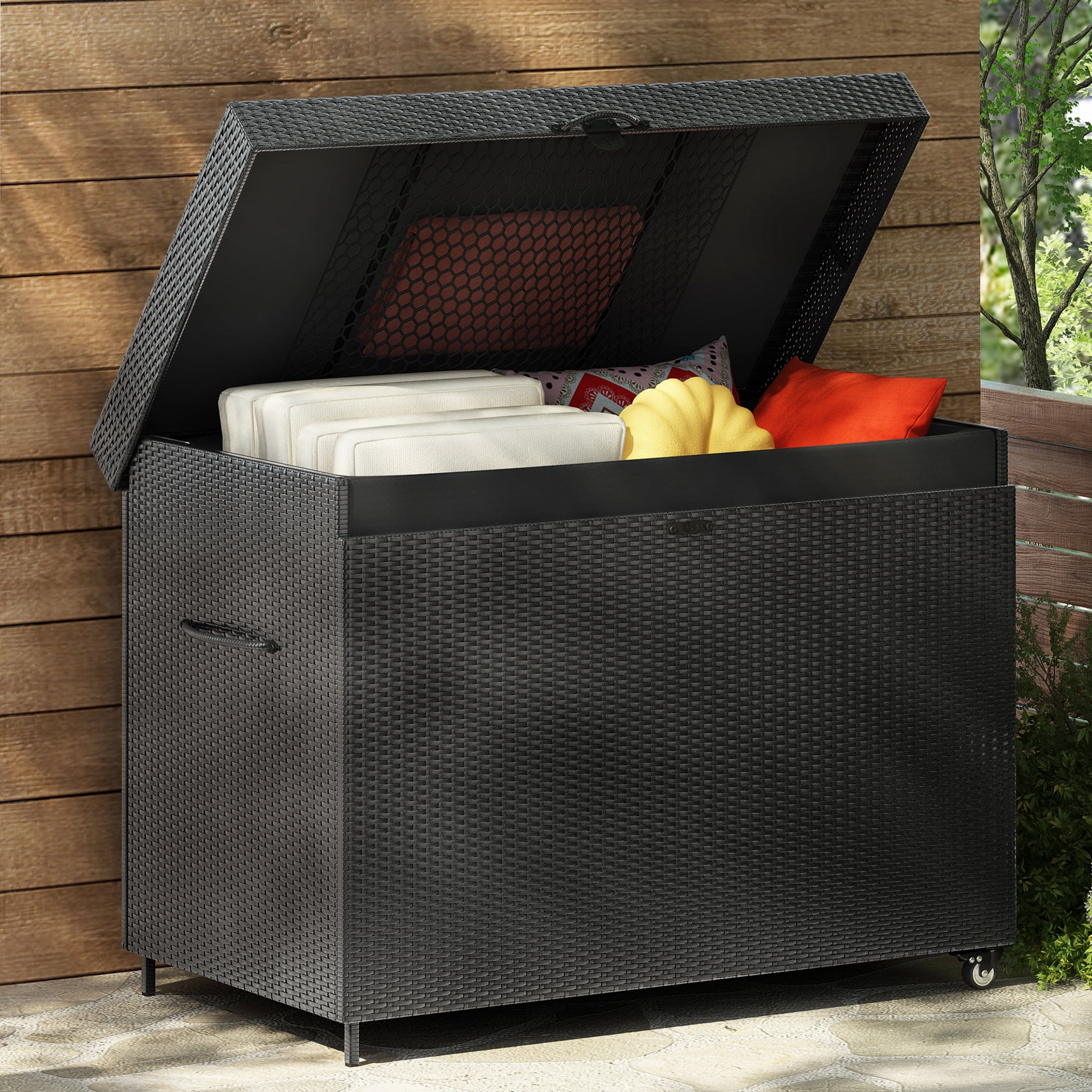 Euroco Wicker Deck Box with Wheels, All-Weather Outdoor Storage Bin for ...