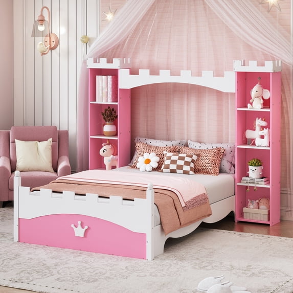Euroco Wood Castle Shaped Platform Bed with Storage Shelves, Twin Size ...