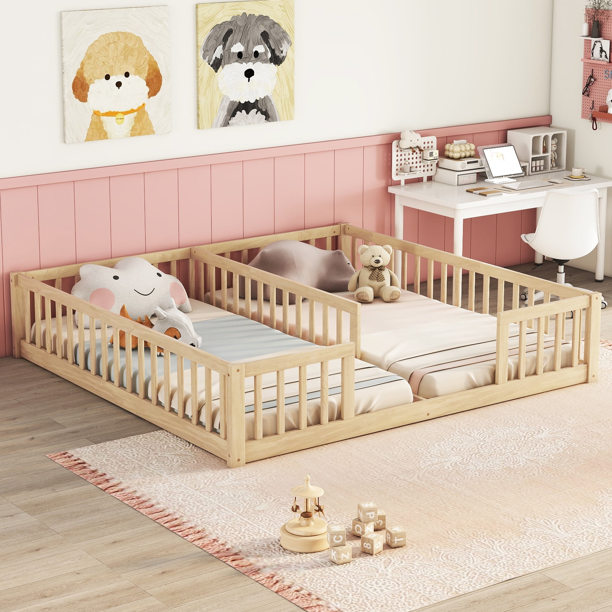 Euroco Wood Double Twin Size Bed, 2 Floor Beds in One with Guardrails ...