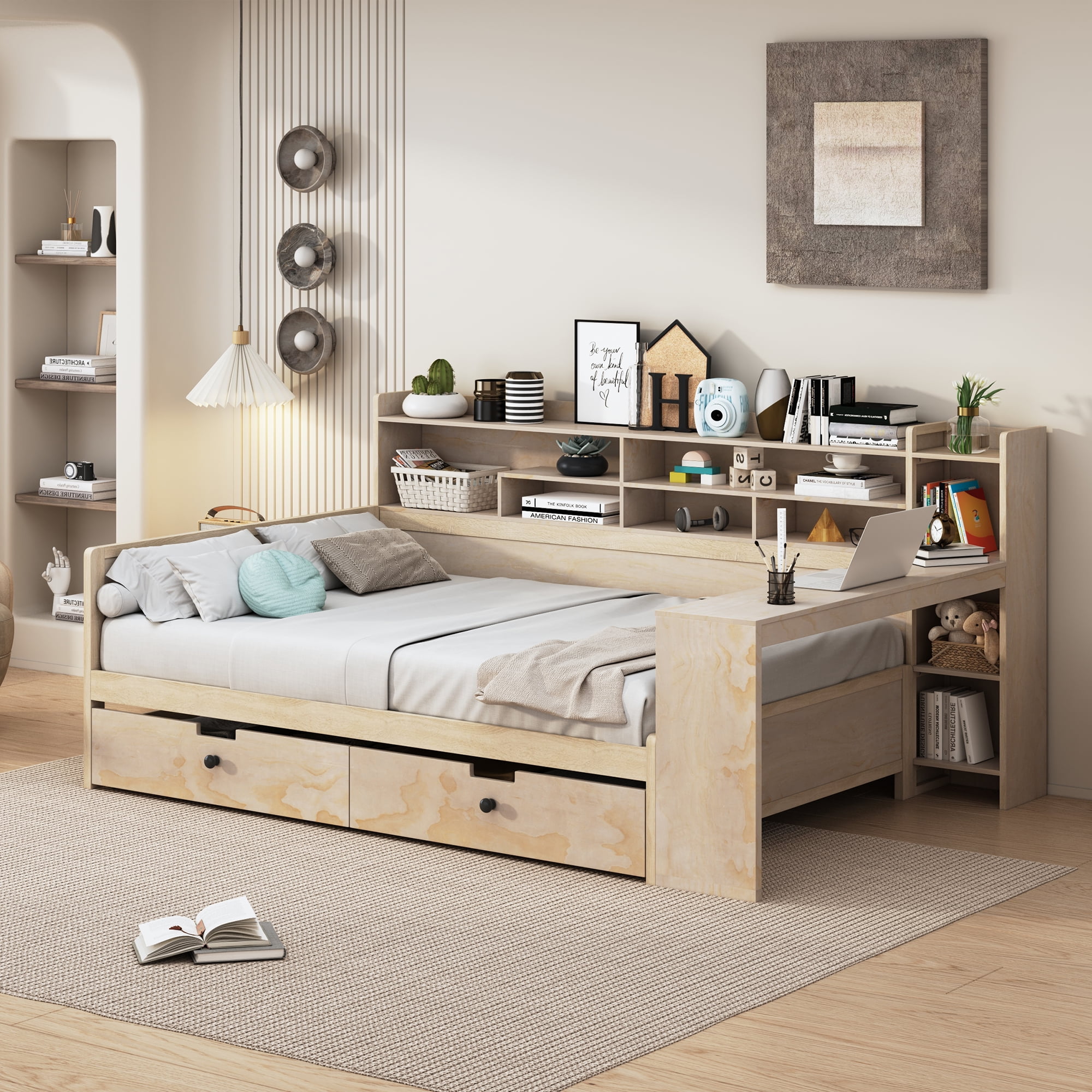 Euroco Wood Full Size Daybed with Bookcase and Desk, Functional Shelves ...
