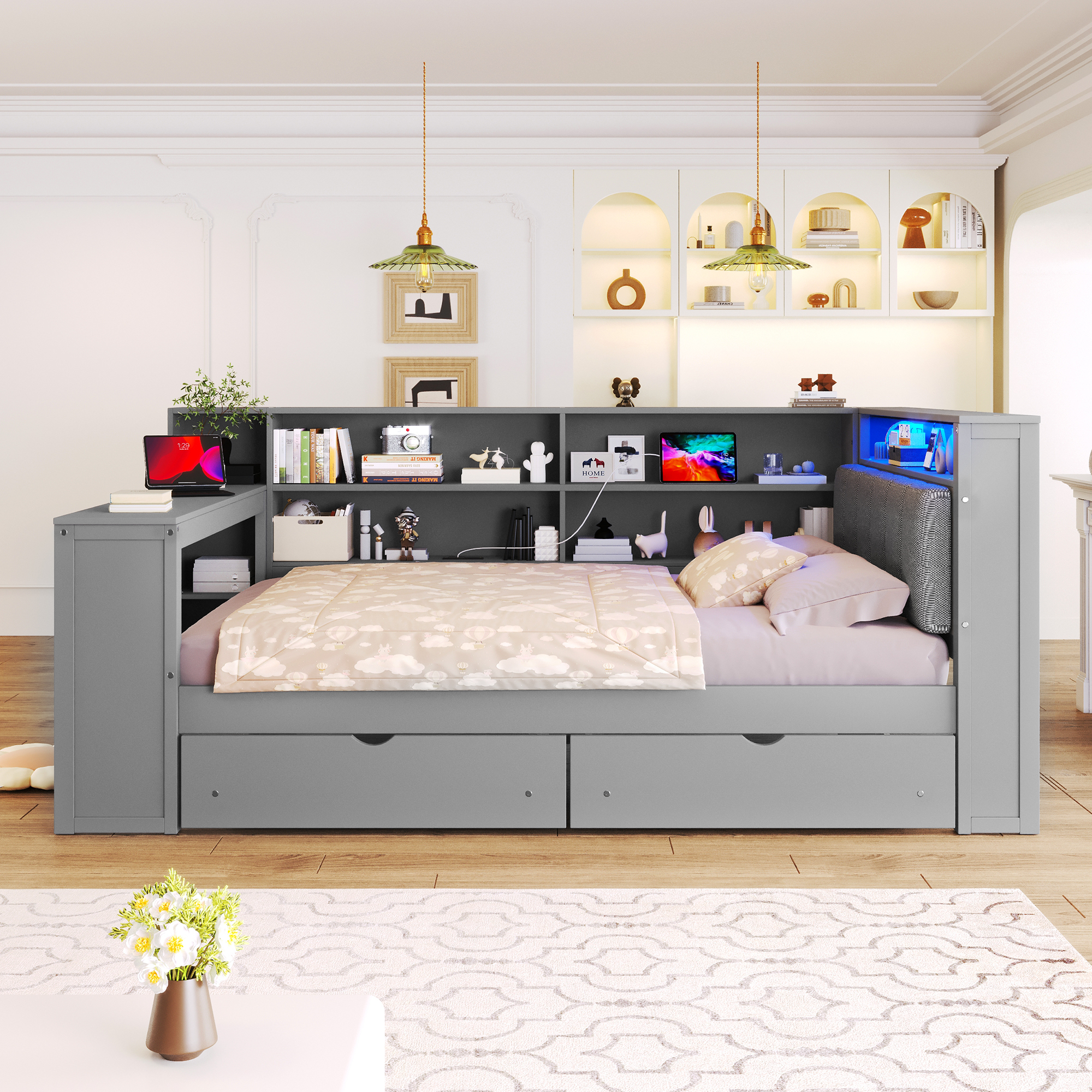Euroco Wood Full Size Daybed with Desk and Shelves, Captain Bed with ...
