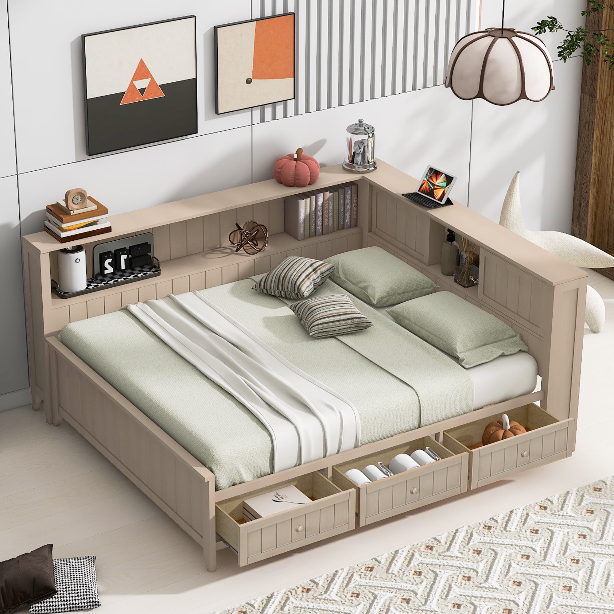 Euroco Wood Full Size Daybed with Storage Shelves and Drawers - Walmart.com