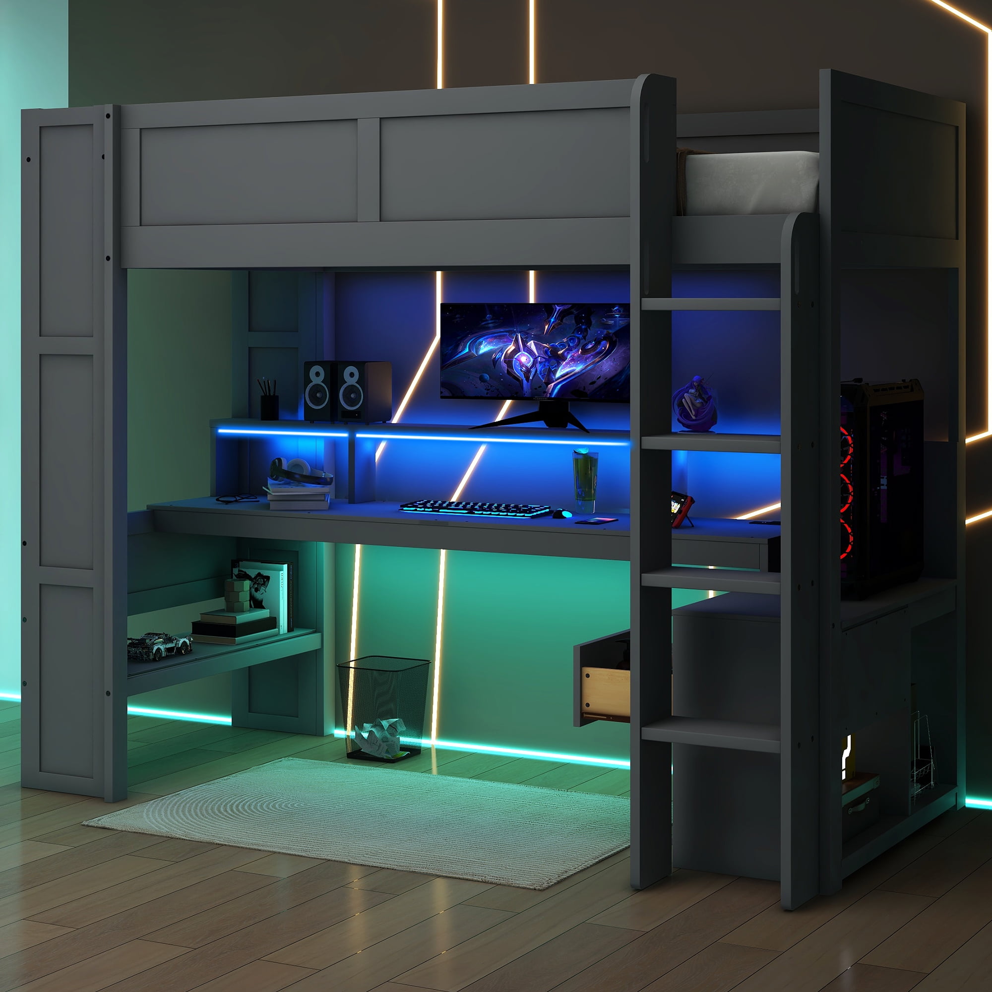 Euroco Wood Full Size Loft Bed Frame, Gaming Bed with Desk and Shelves ...