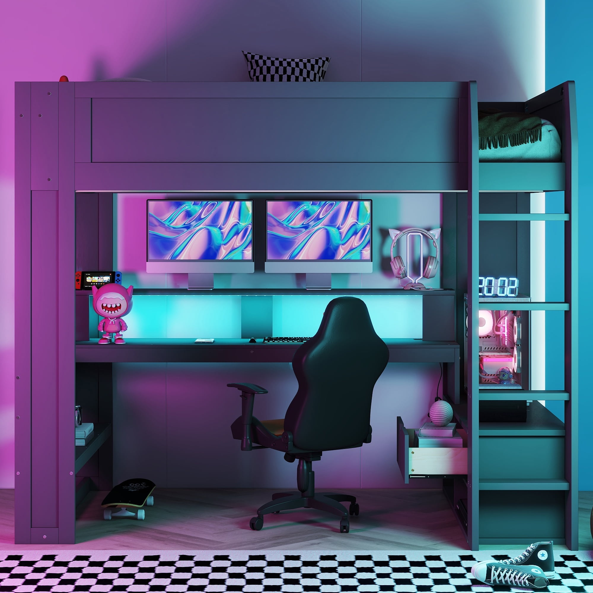 Euroco Wood Full Size Loft Bed Frame, Gaming Bed with Desk and Shelves ...