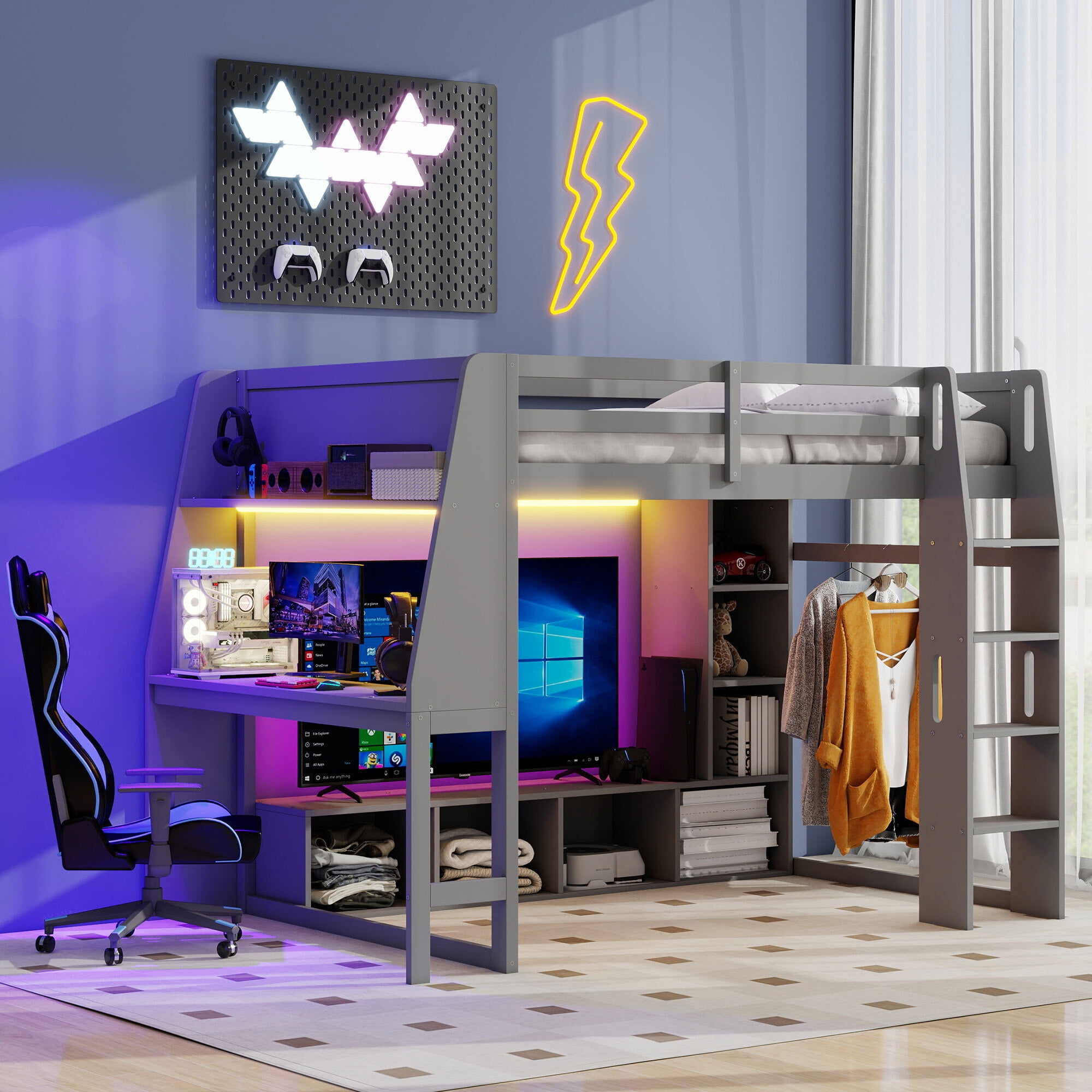 Euroco Wood Full Size Loft Bed with Desk and Shelves, Gaming Bed with ...
