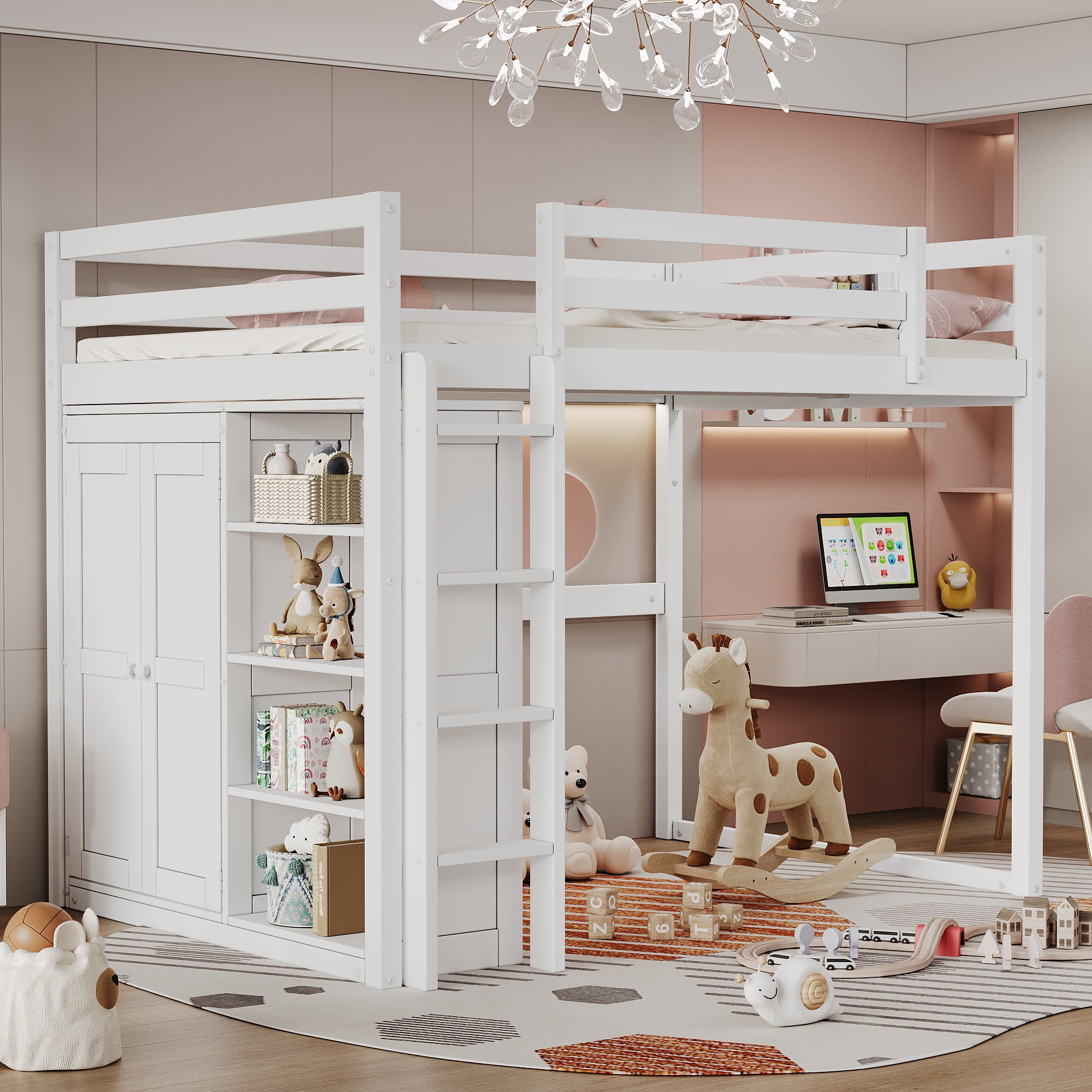 Euroco Wood Full Size Loft Bed with LED Light, Bookcase and Wardrobe ...