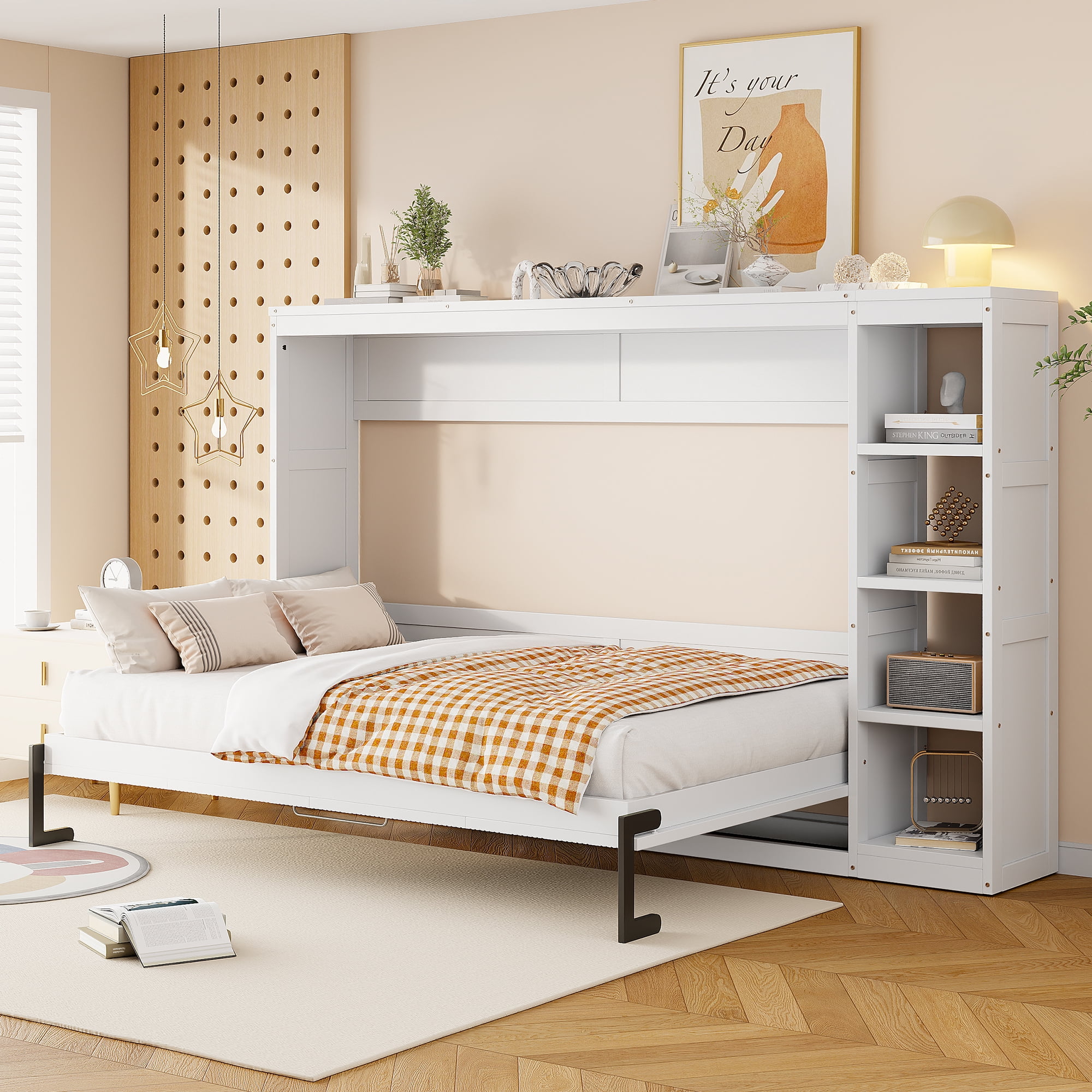 Euroco Wood Full Murphy Bed,Wall Bed with Shelves Cabinet, Convertibe into Cabinet for Bedroom ...