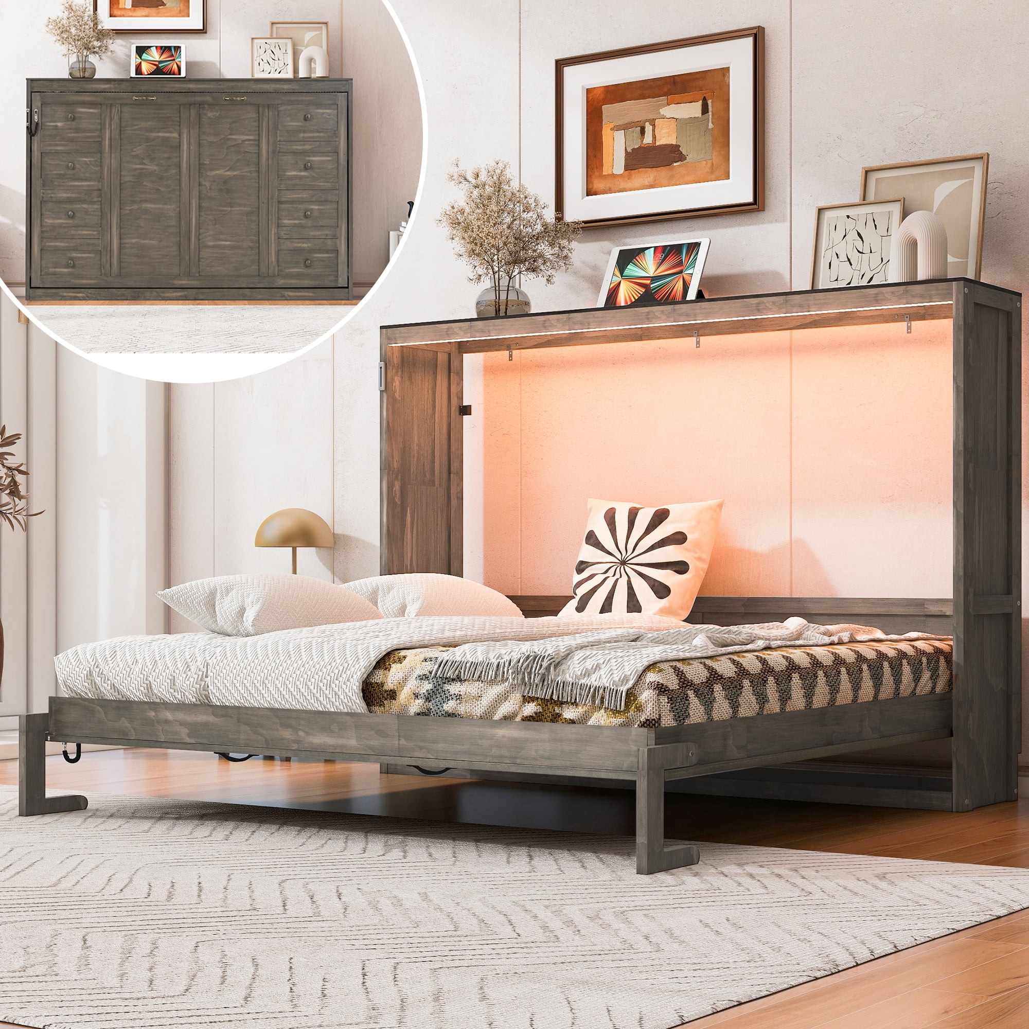 Euroco Wood Full Size Murphy Bed with LED Light, Convertible Wall Bed ...