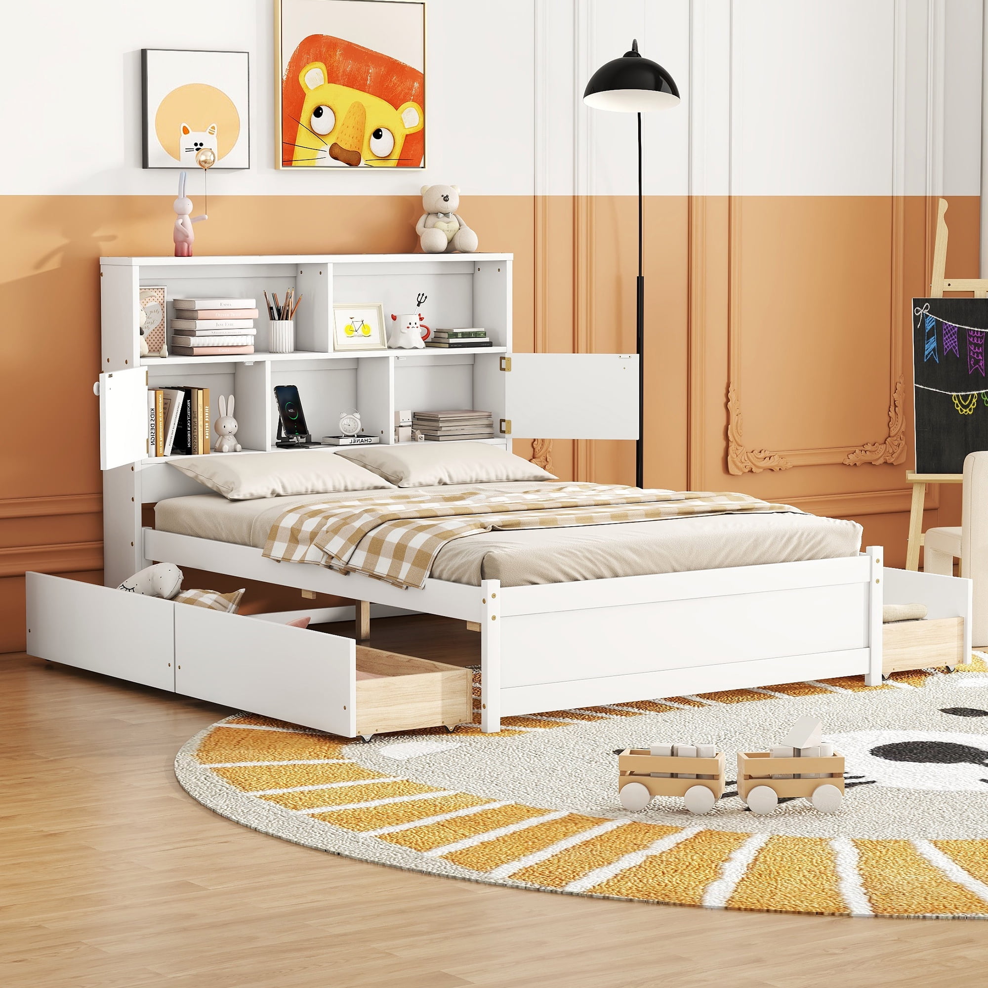 Euroco Wood Full Platform Bed With Headboard Shelves Drawers And Usb