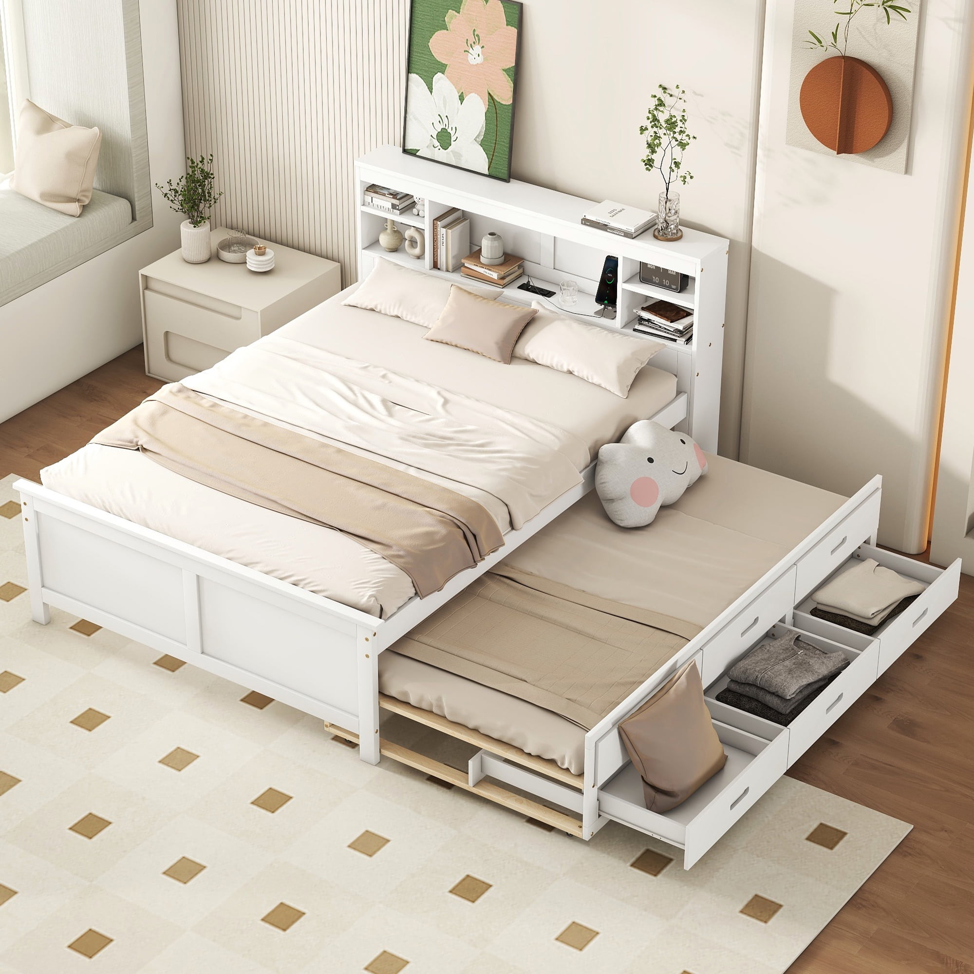 Euroco Modern Wood Full Size Platform Bed with Trundle and Drawers, USB ...
