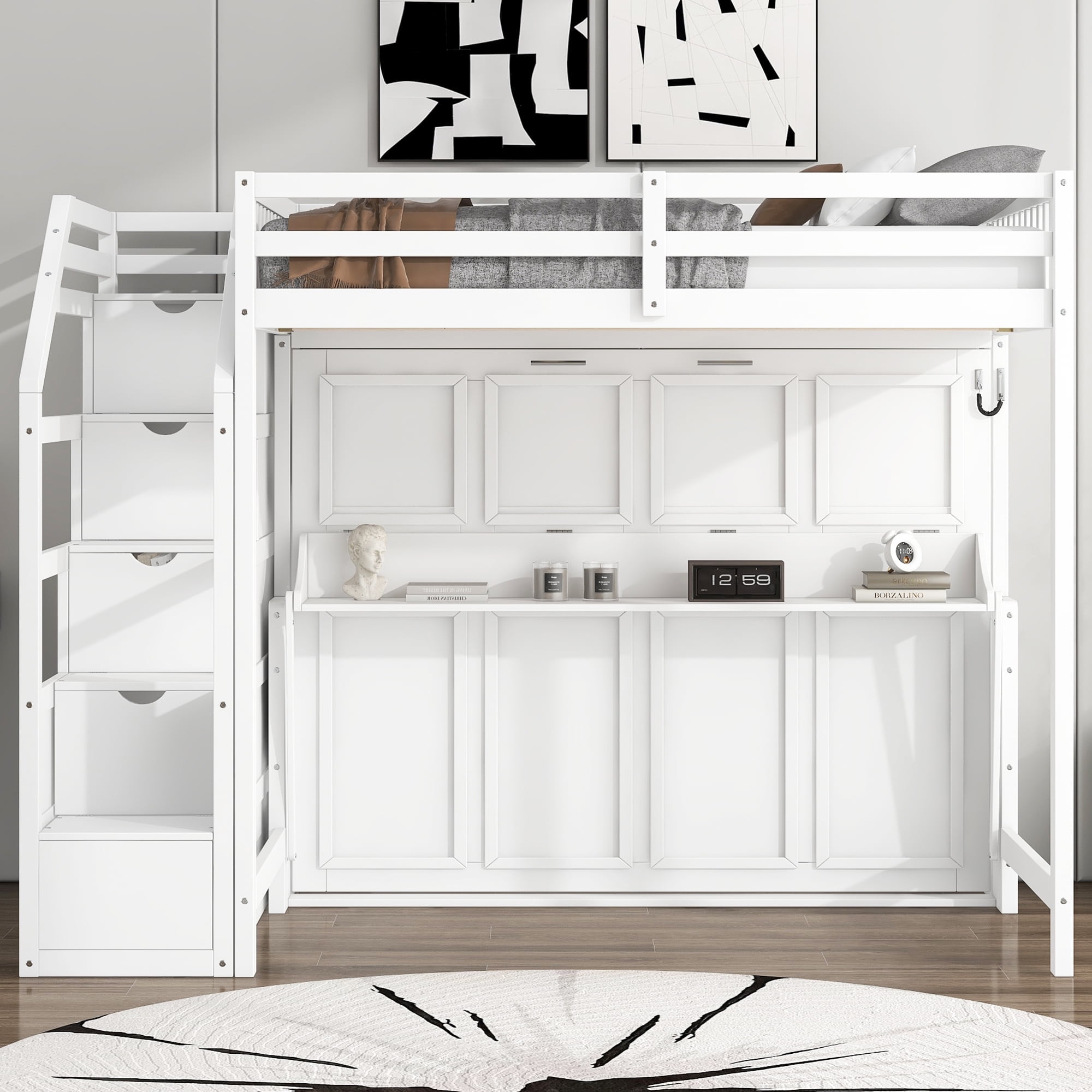 Euroco Wood Full XL Loft Bed with Full Murphy Bed, Convertible Bunk Bed ...