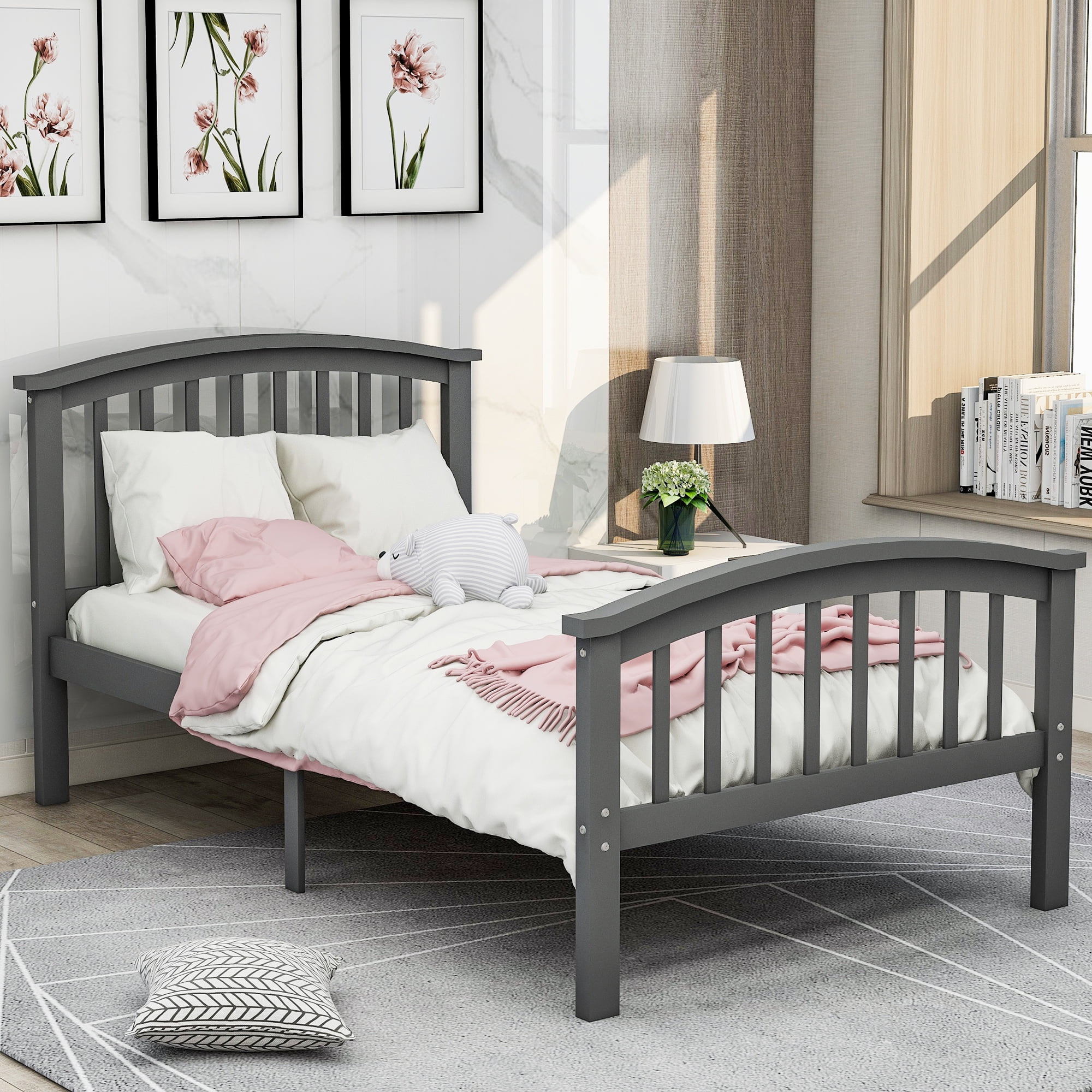Euroco Wood Platform Bed With Headboard And Footboard Twin