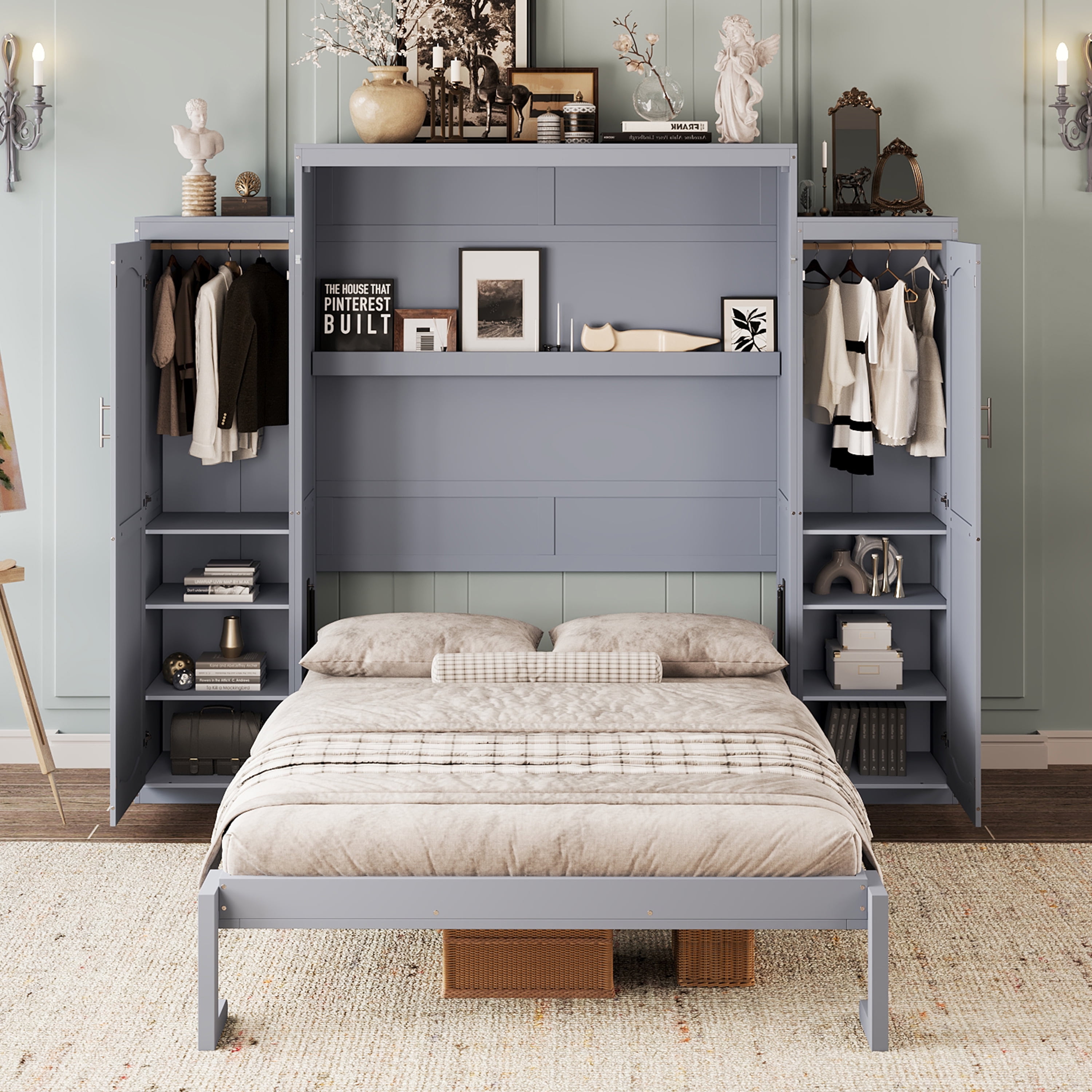 Free Shipping! Euroco Wood Queen Murphy Bed with Sofa, Cushions, Gray ...