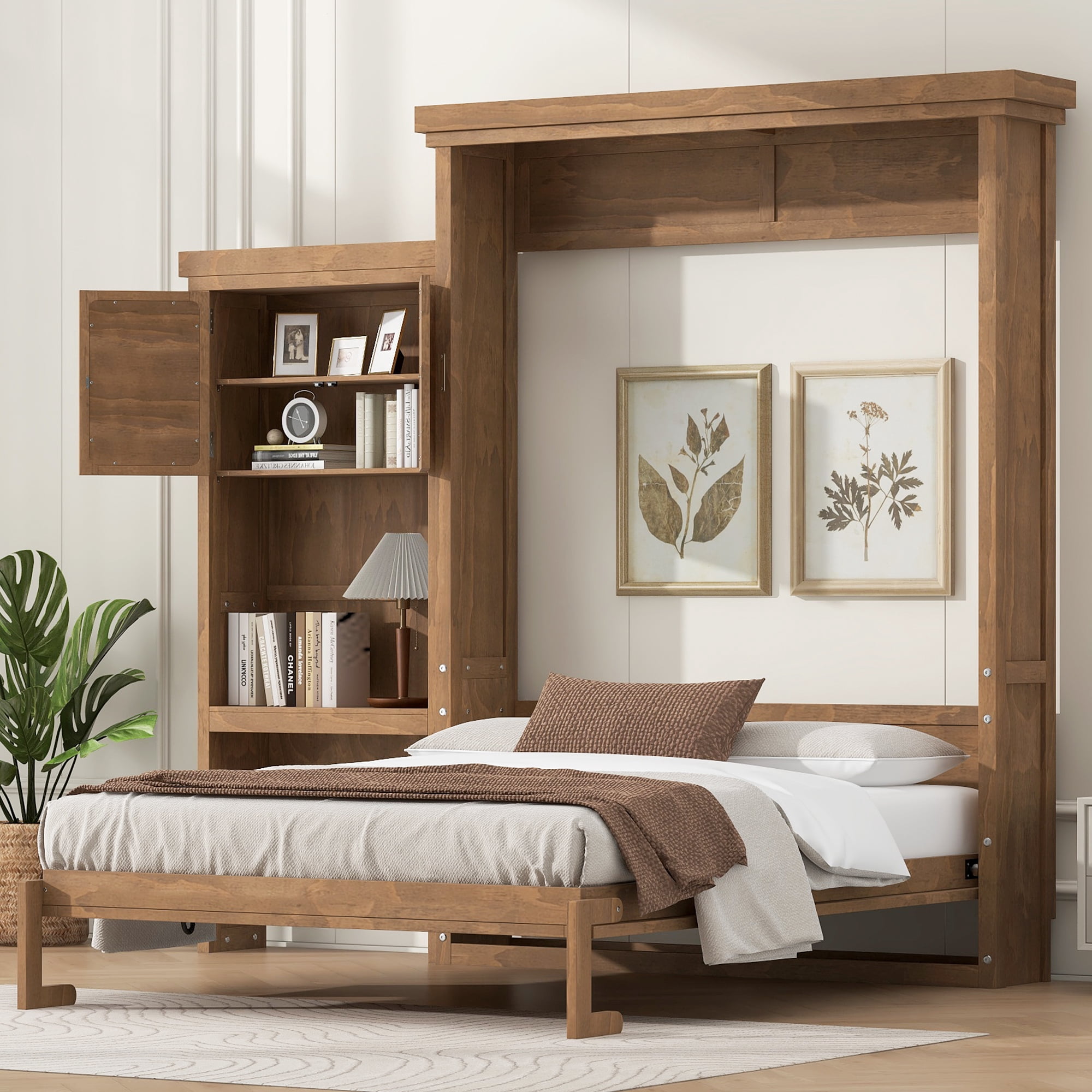 Euroco Wood Queen Size Murphy Bed with Storage Cabinets and Shelves ...