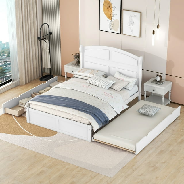 Euroco Wood Queen Size Patform Bed with Trundle and 2 Drawes for Living ...