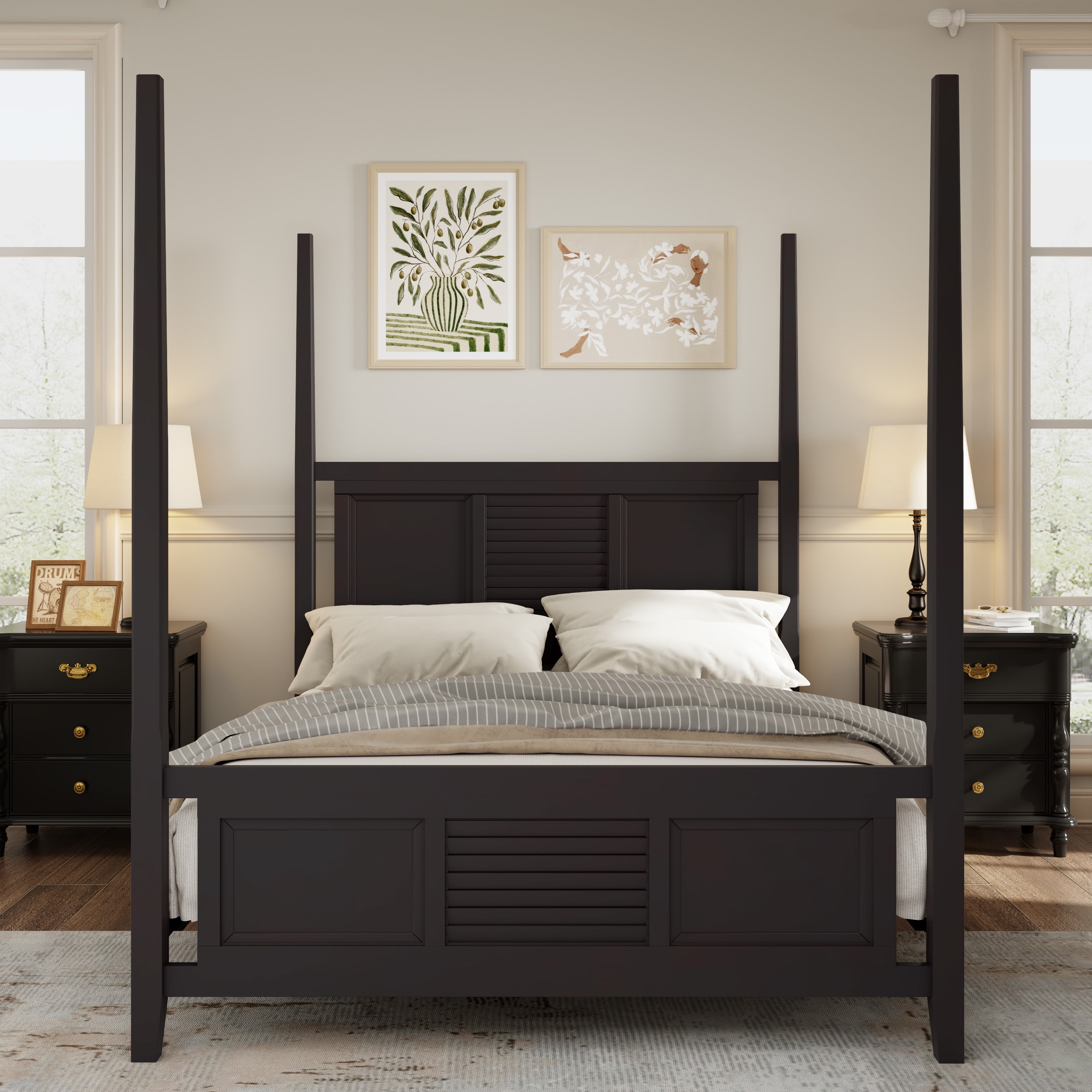 Euroco Queen Size Wooden Platform Bed with Four Poster and Grille ...