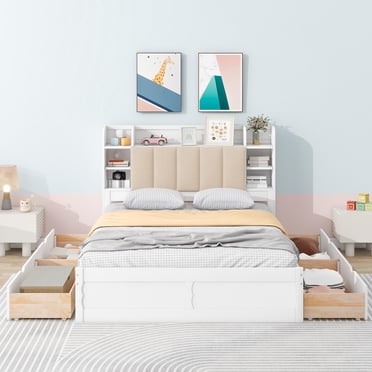 Queen Size Upholstered Platform Bed Frame with LED Lights for Kids ...