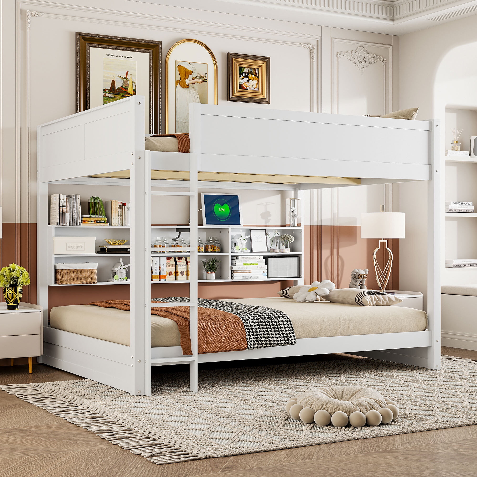 Euroco Wood Queen over Queen Bunk Bed with Bookcase, Shelves and USB ...