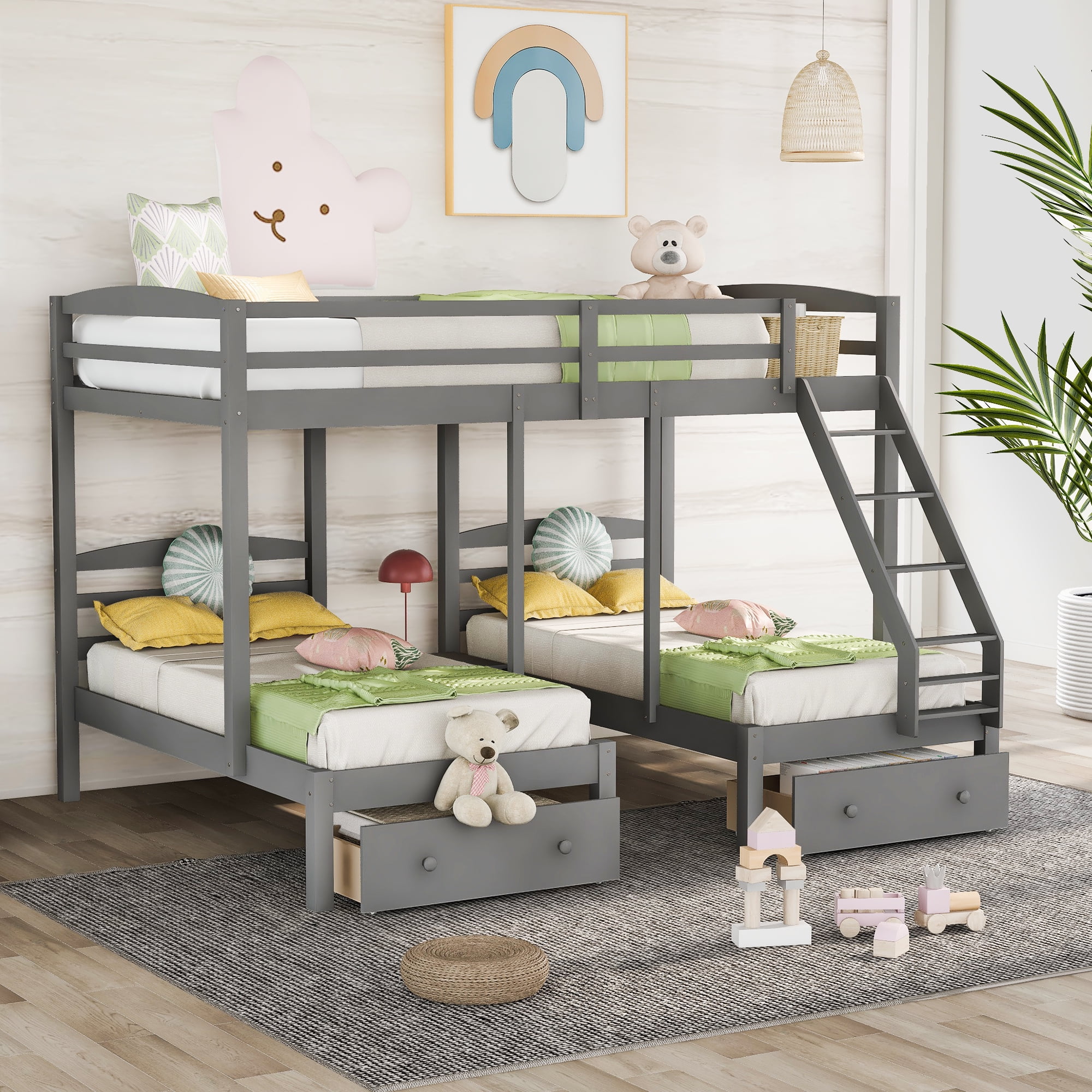 Euroco Wood Storage Bunk Bed, Full over Twin & Twin for Kids Teens ...