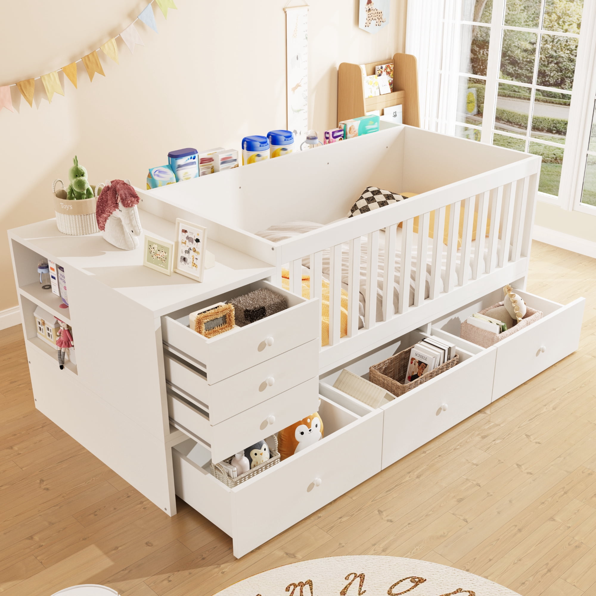 Euroco Wood Toddler Daybed with Drawers and Cabinets, 2-in-1 Crib with ...