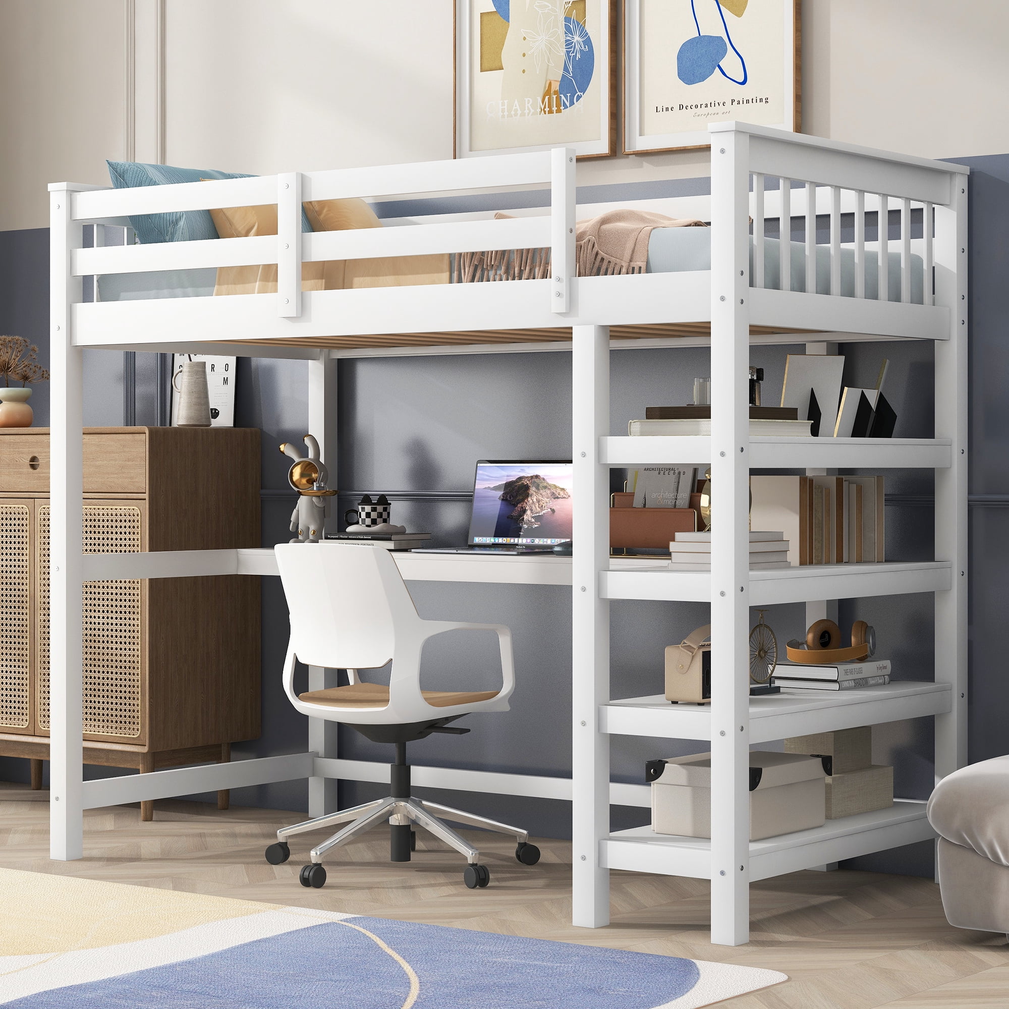 Euroco Wood Twin Loft Bed with Desk and Shelves for Kids Teens, White ...