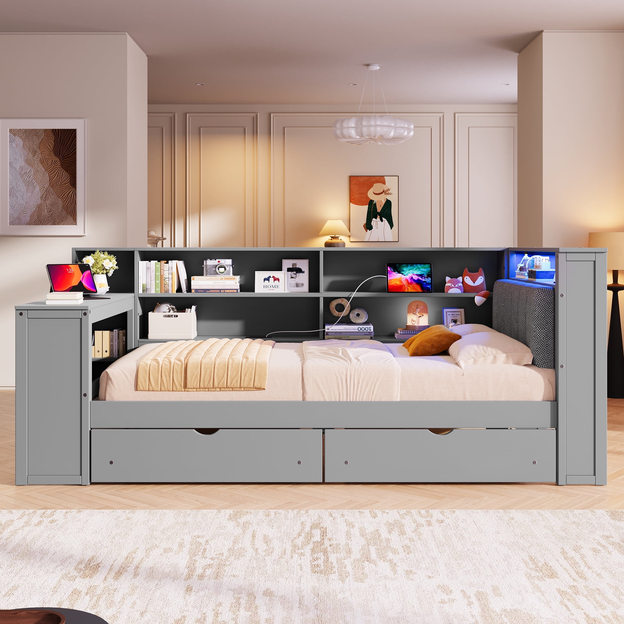 Euroco Wood Twin Size Daybed with Desk and Shelves, Captain Bed with ...