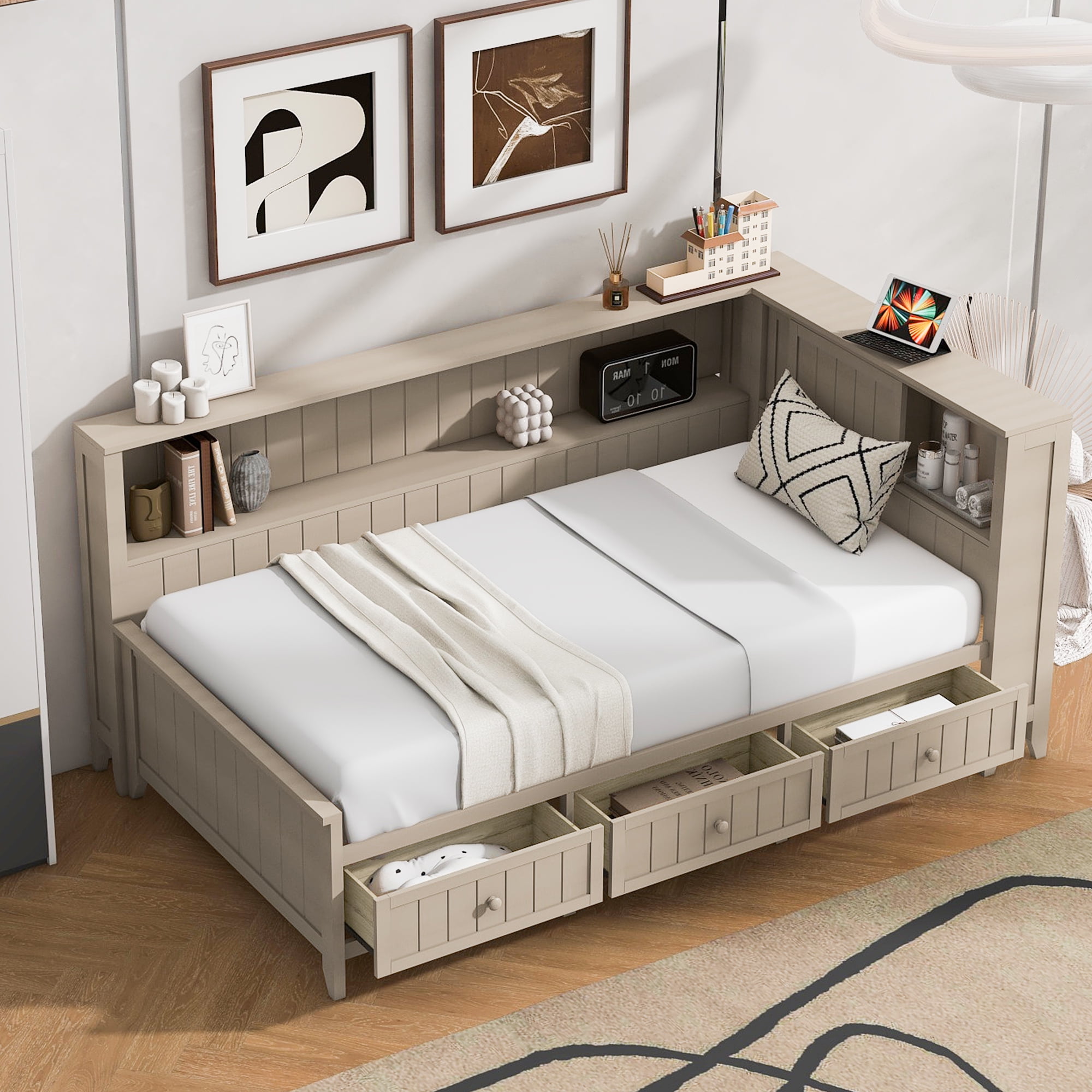 Free Shipping! Euroco Wood Twin Daybed with Multifunctional Shelves and ...