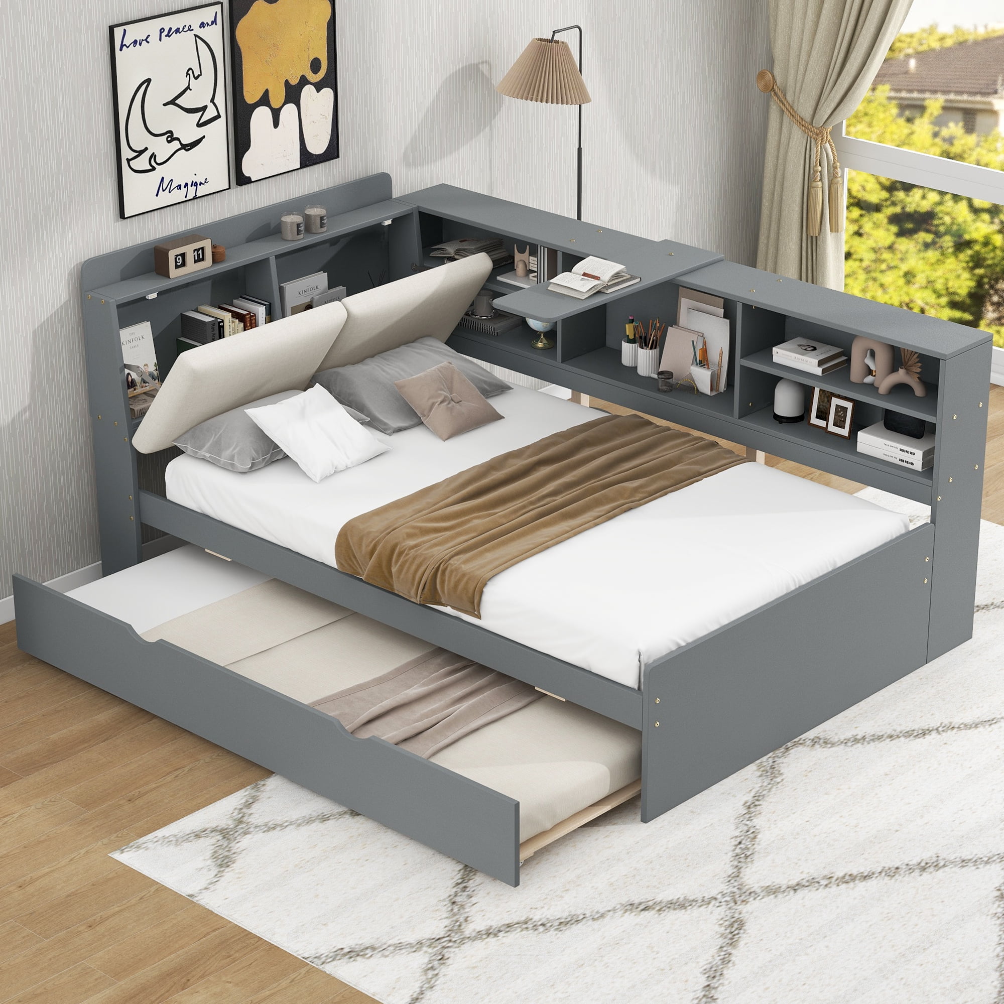 Euroco Wood Twin Size Daybed with Trundle, Low Profile Storage Bed with ...