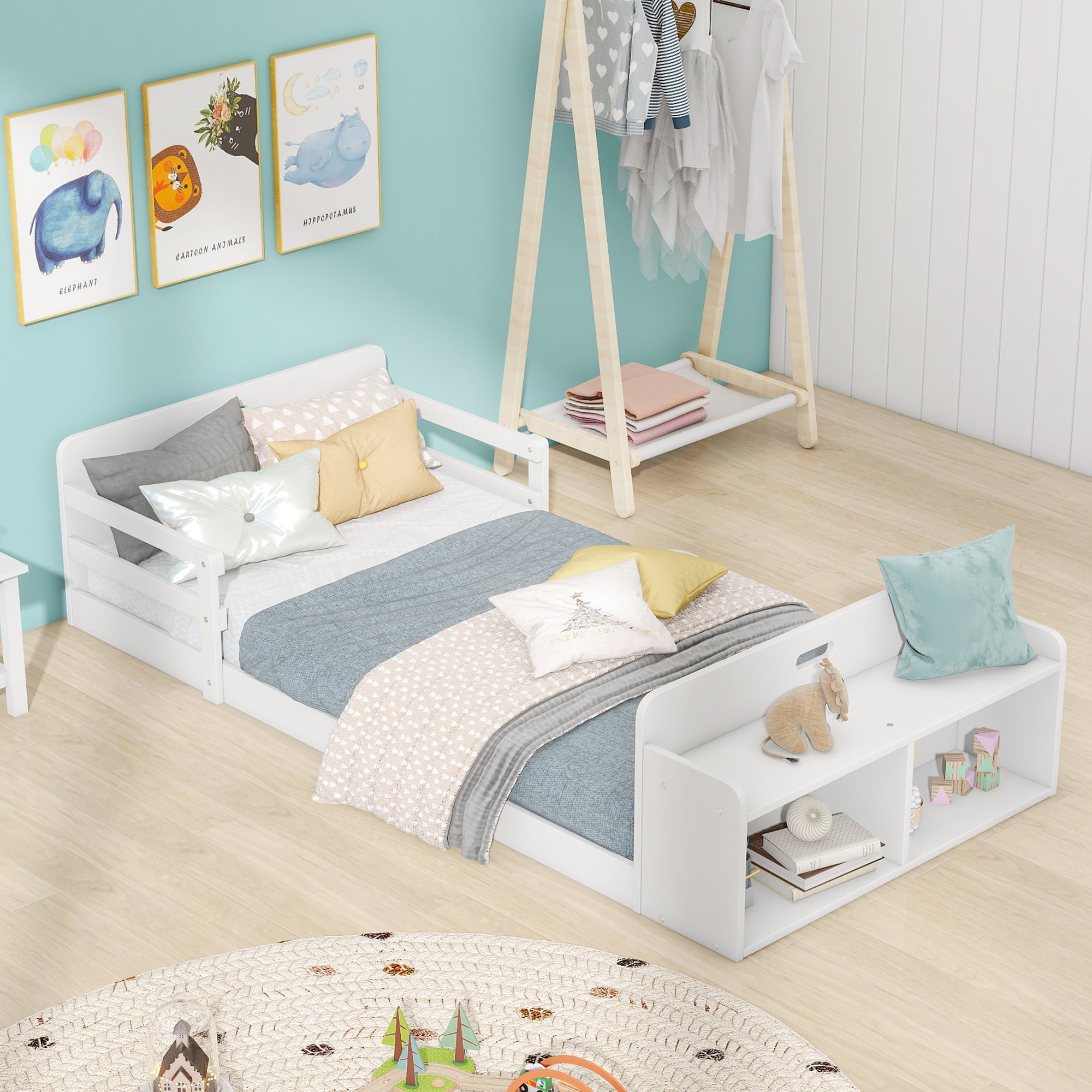 Euroco Wood Twin Size Floor Bed, Twin Platform Bed with Storage Desk ...