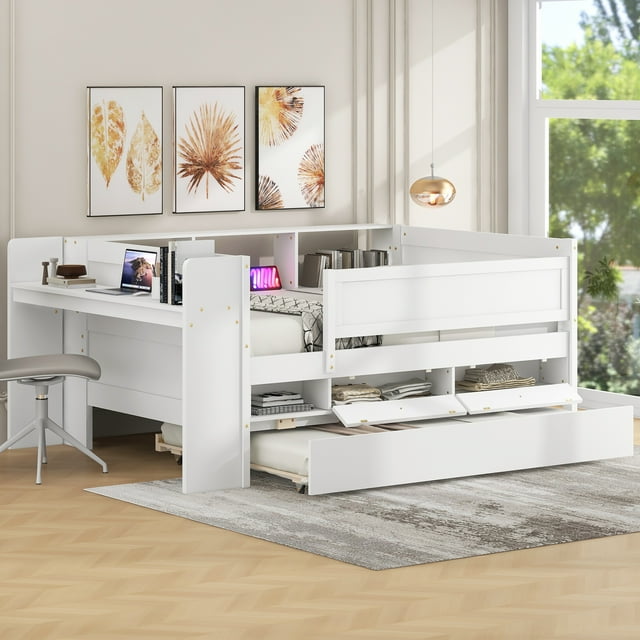 Euroco Wood Twin Size Daybed with Desk, Platform Bed with Cabinets and ...