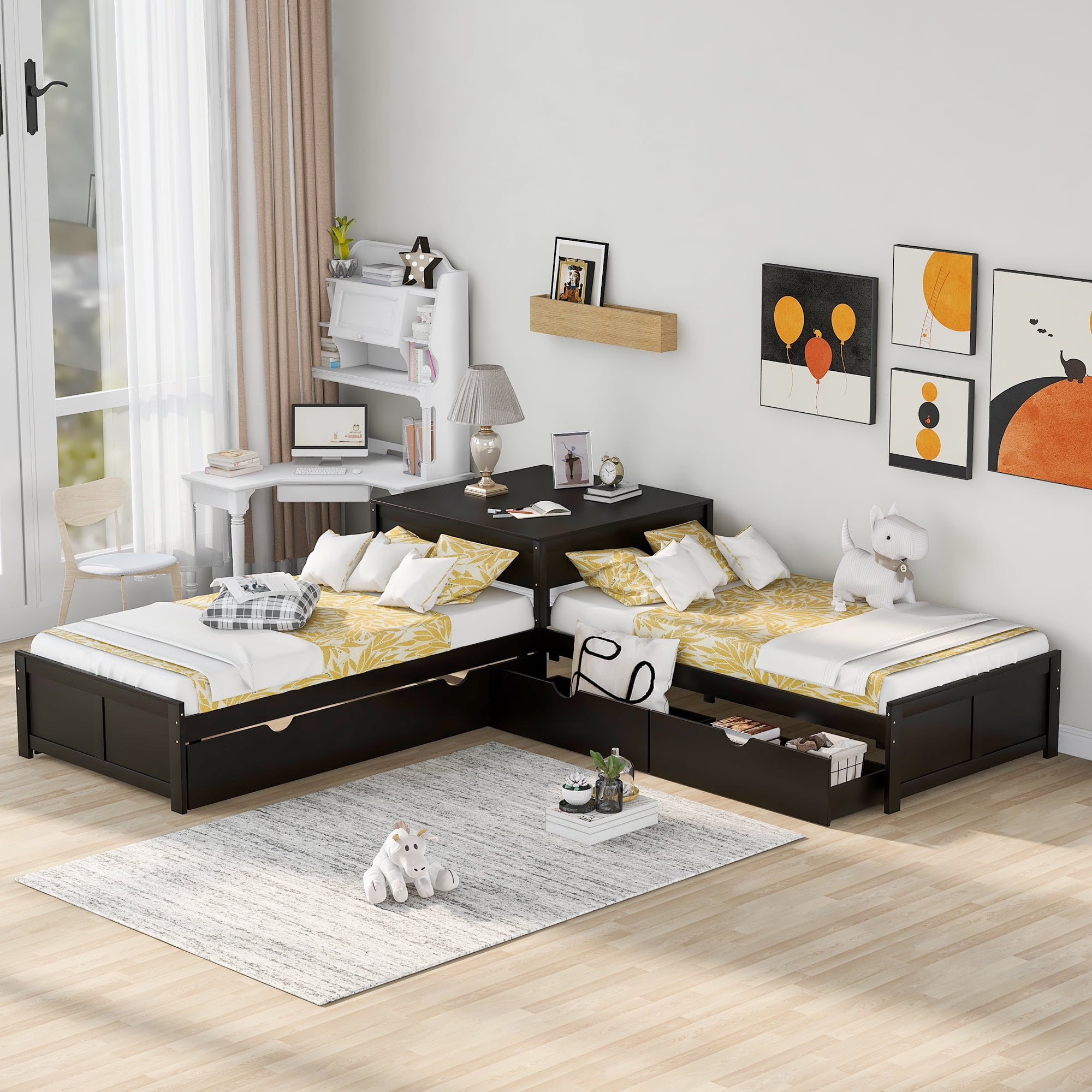 Euroco Wood Kids Twin Size L-Shaped Platform Beds with Square Storage ...