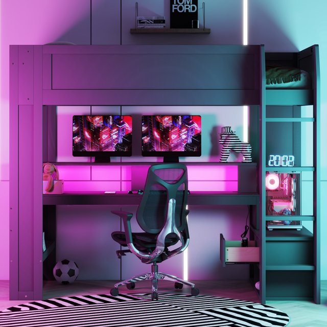 Euroco Wood Twin Size Loft Bed Frame, Gaming Bed with Desk and Shelves ...