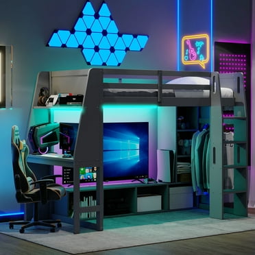 Euroco Wood Full Size Loft Bed Frame, Gaming Bed with Desk and Shelves ...