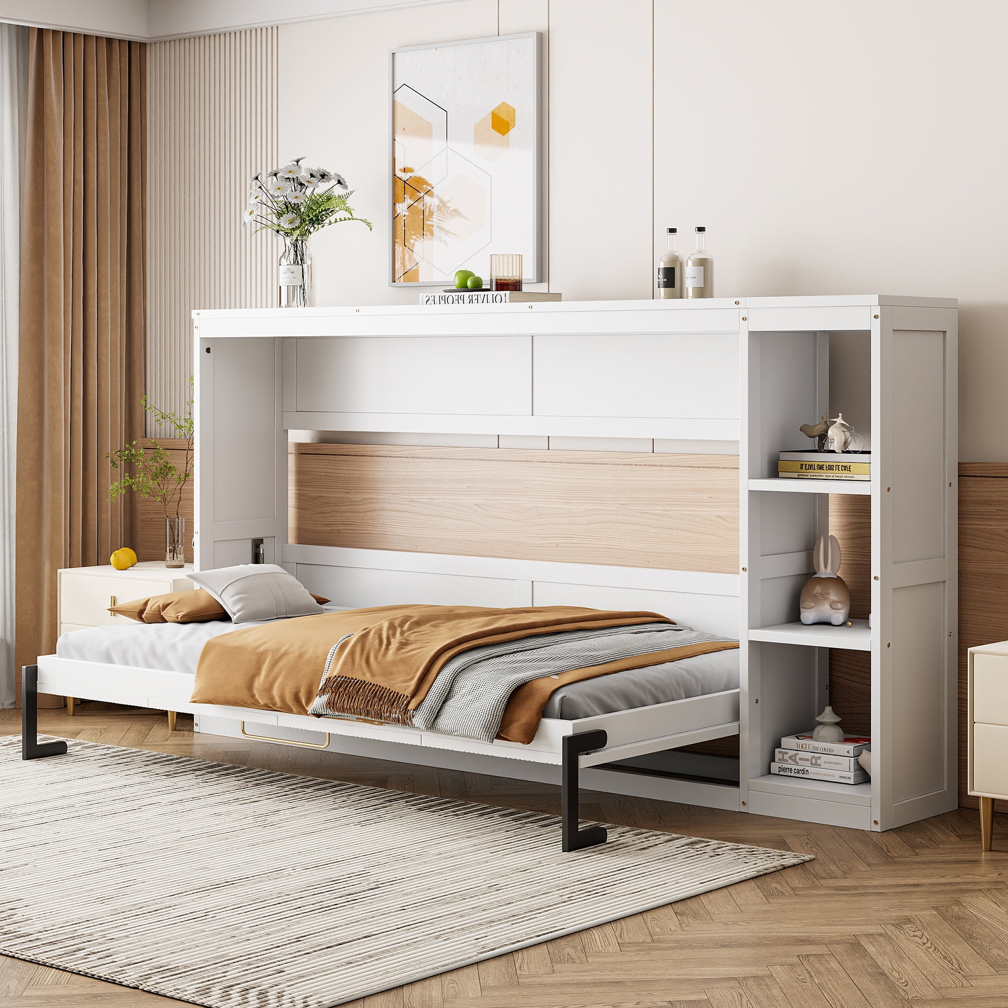 Euroco Wood Twin Size Murphy Bed, Wall Bed with Shelves and Cabinet ...