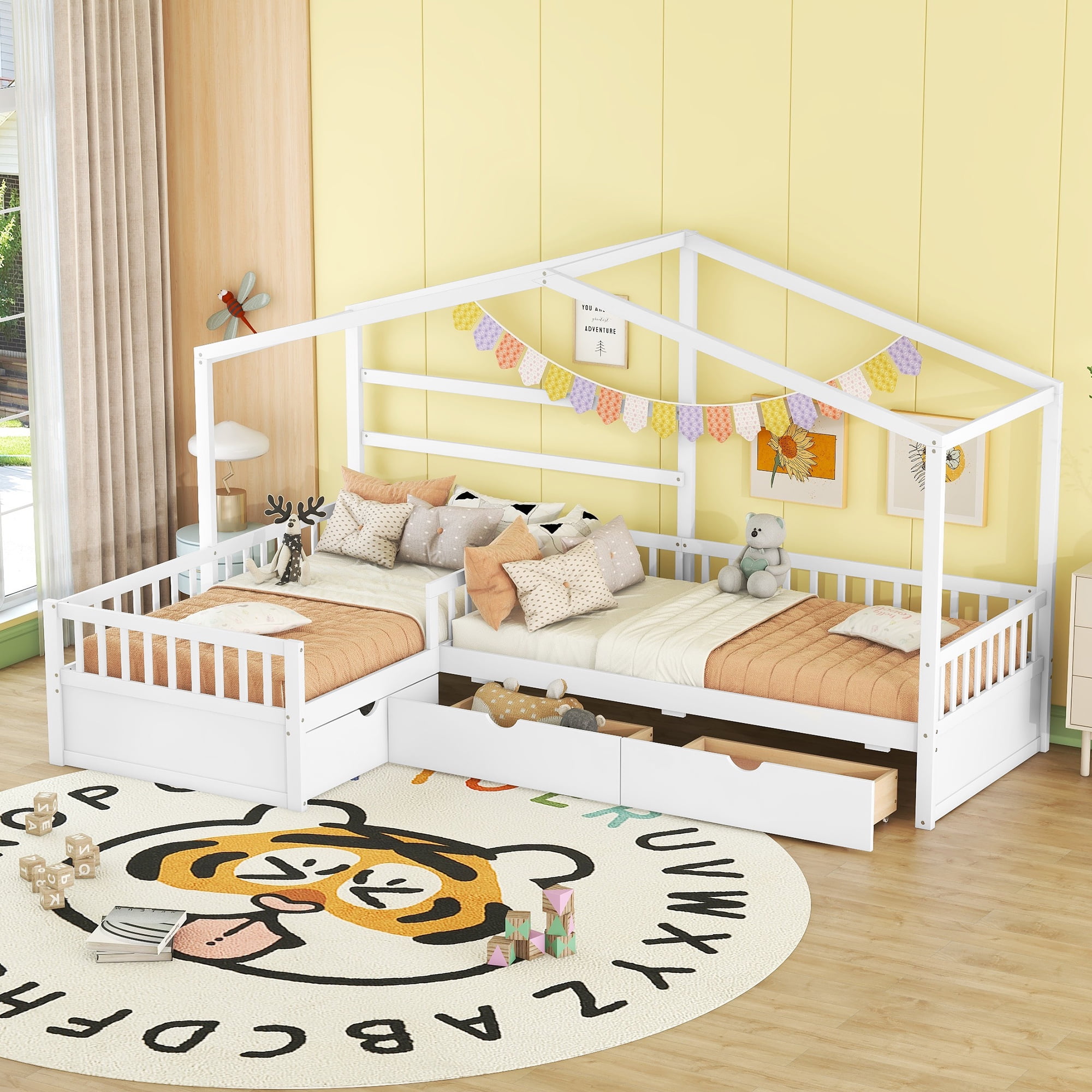 Euroco Wood Twin Size Platform Bed, 2 Beds in One House Bed with 3 ...