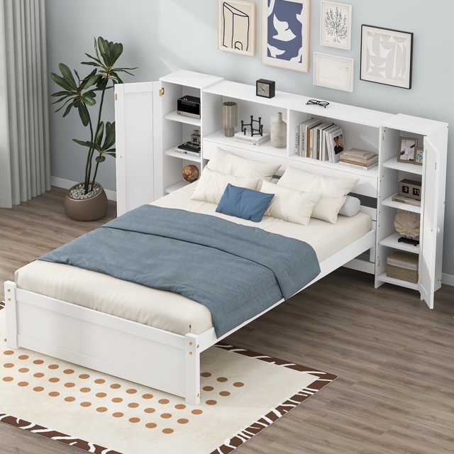 Euroco Wood Twin Size Platform Bed with Storage Headboard and Shelves ...