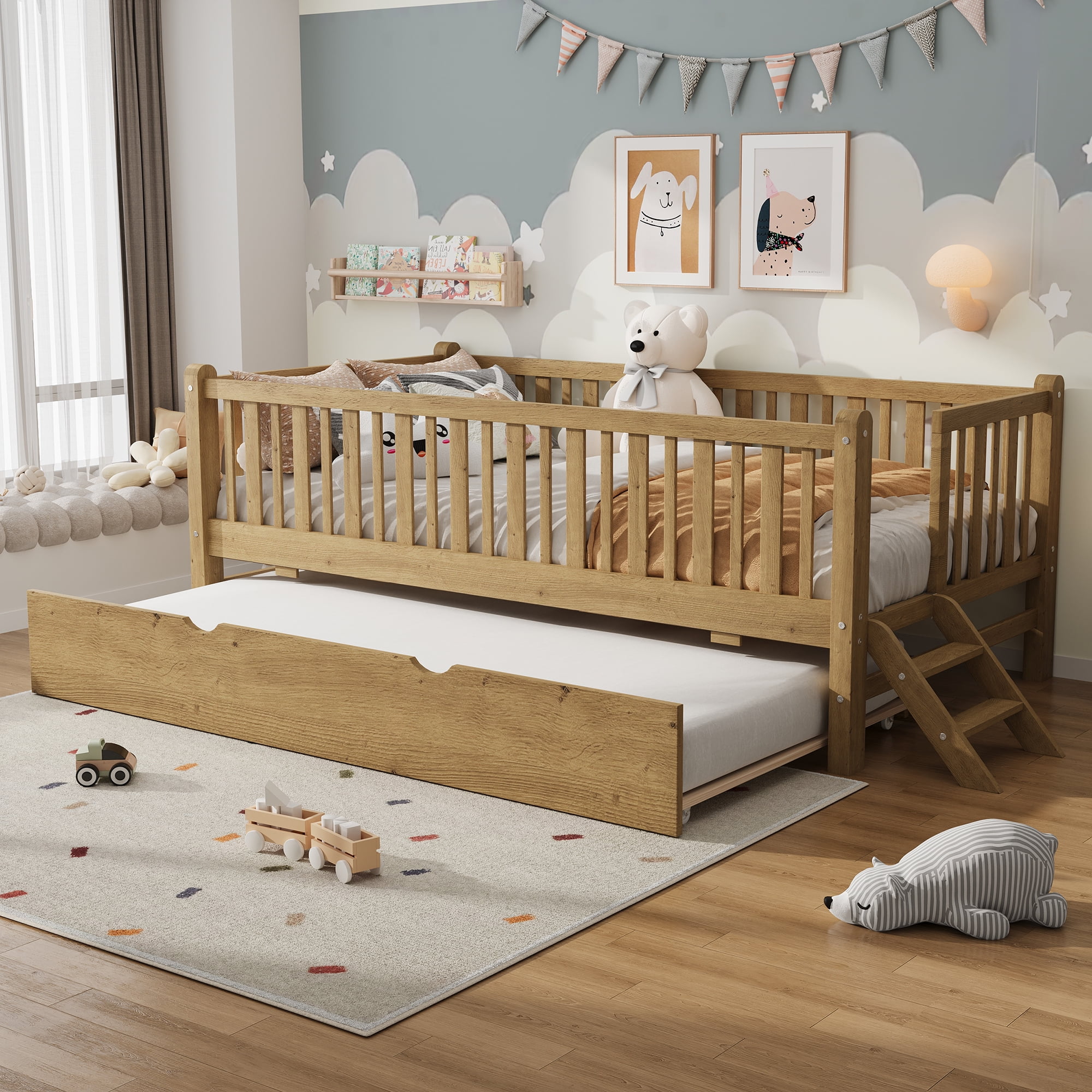Euroco Wood Twin Size Platform Bed with Trundle, Guardrail Bed for Kids ...