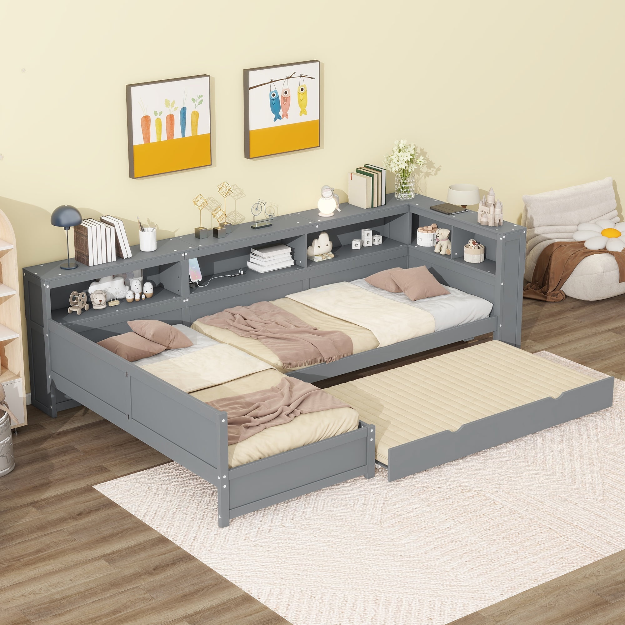 Euroco Wood Twin Size Platform Bed, L Shaped Daybeds with Storage ...