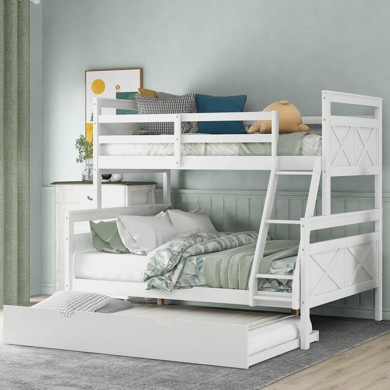 Euroco Wood Twin over Full Bunk Bed with Trundle for Kids Adults for Bedrooms White