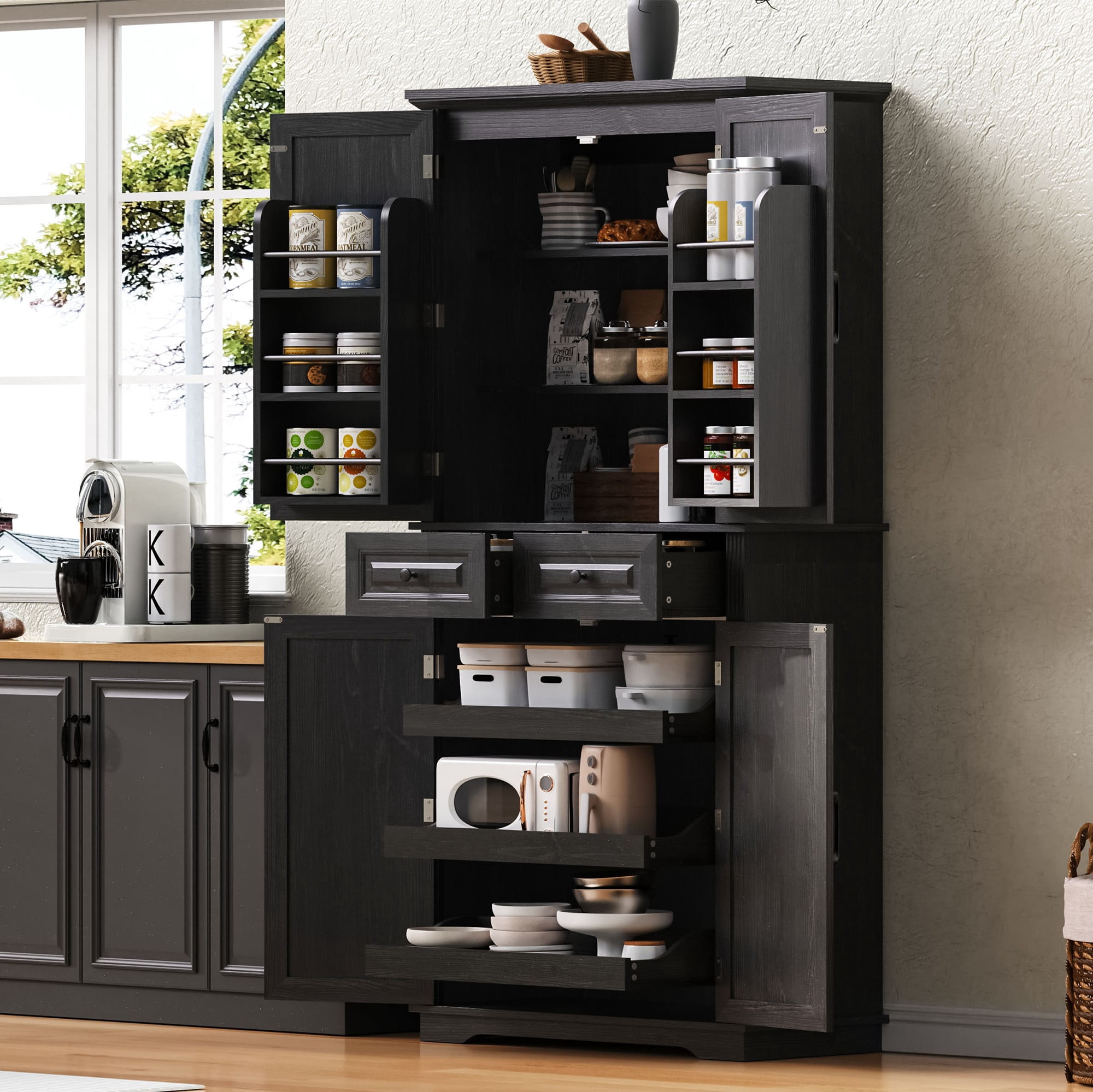 Euroco Woodgrain Kitchen Pantry Cabinet with Pull-Out Organizers, 6 ...
