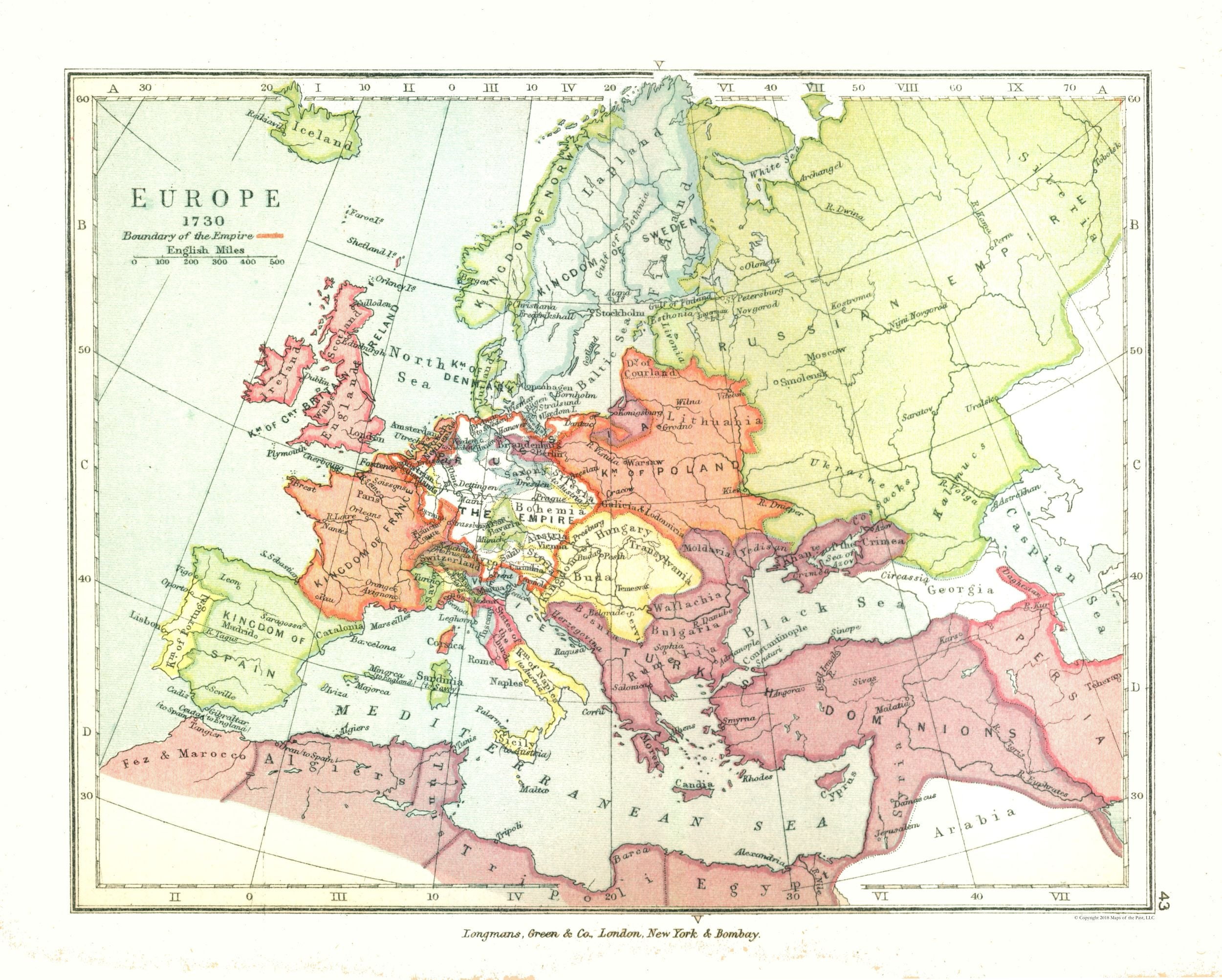 Historic Map - Europe 1730 - Gardiner 1902 - 28.68 x 23 - Vintage Wall ...