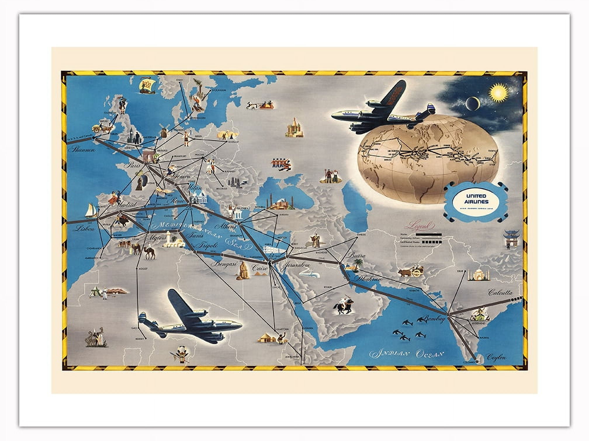 Europe Africa Asia United Airlines Routes Map - Vintage Airline Travel ...