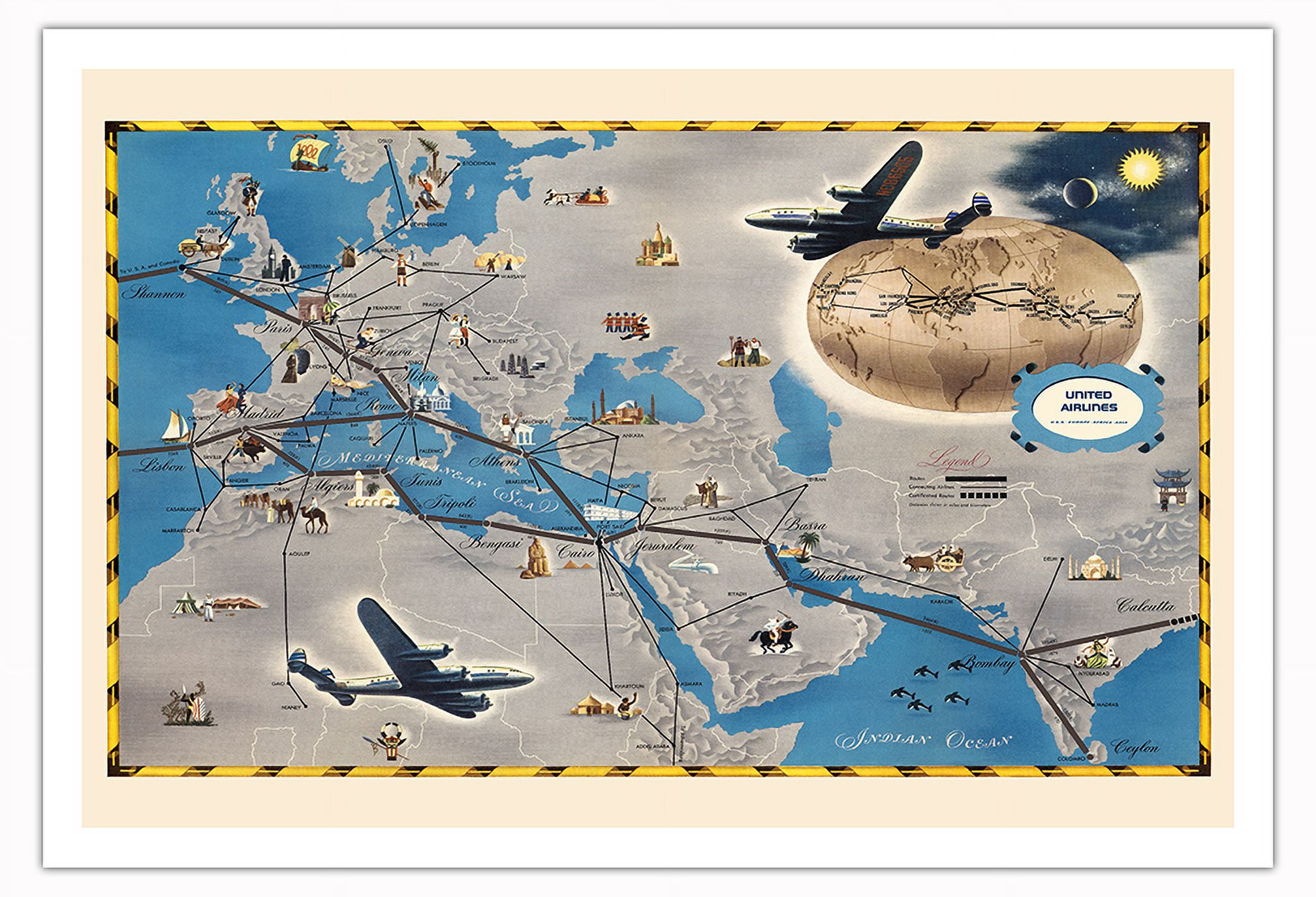 Europe Africa Asia United Airlines Routes Map - Vintage Airline Travel ...