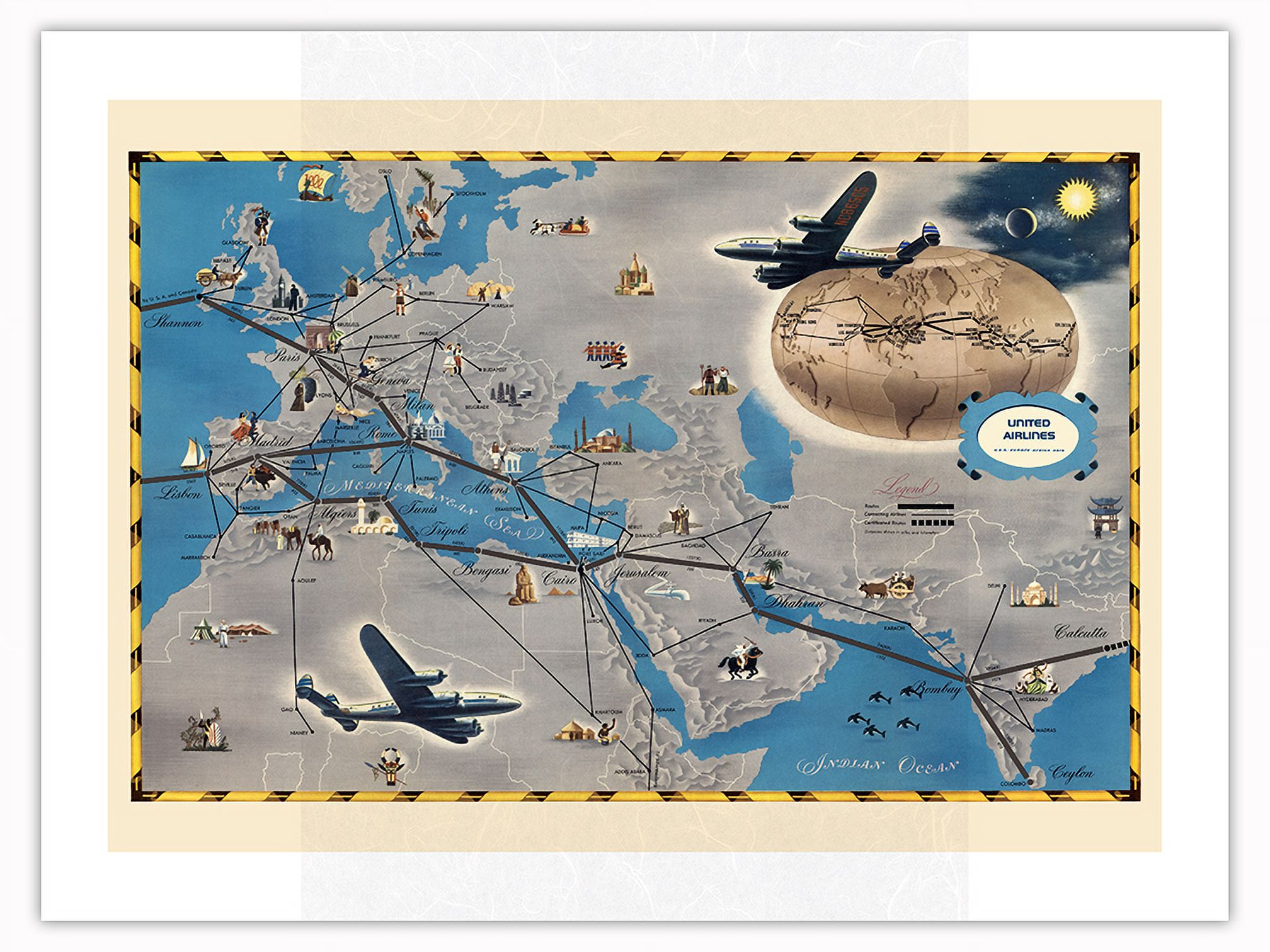 Europe Africa Asia United Airlines Routes Map - Vintage Airline Travel ...