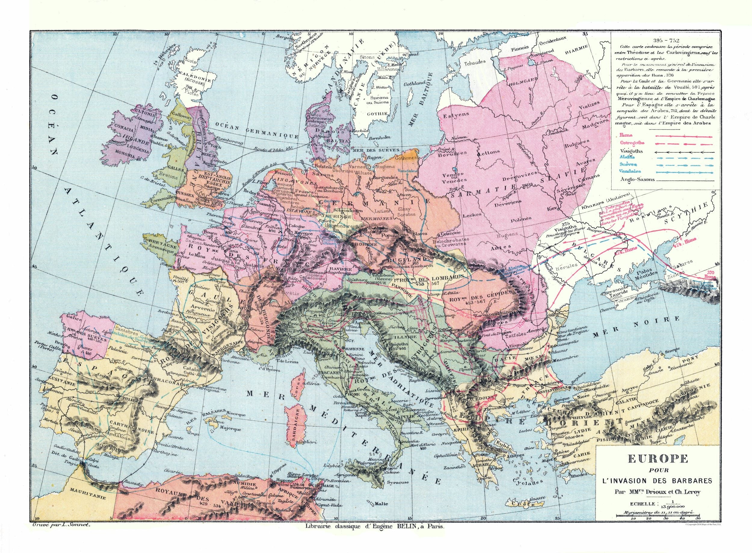Historic Map - Europe Barbarian Invasion - Drioux 1882 - 31.25 x 23 ...