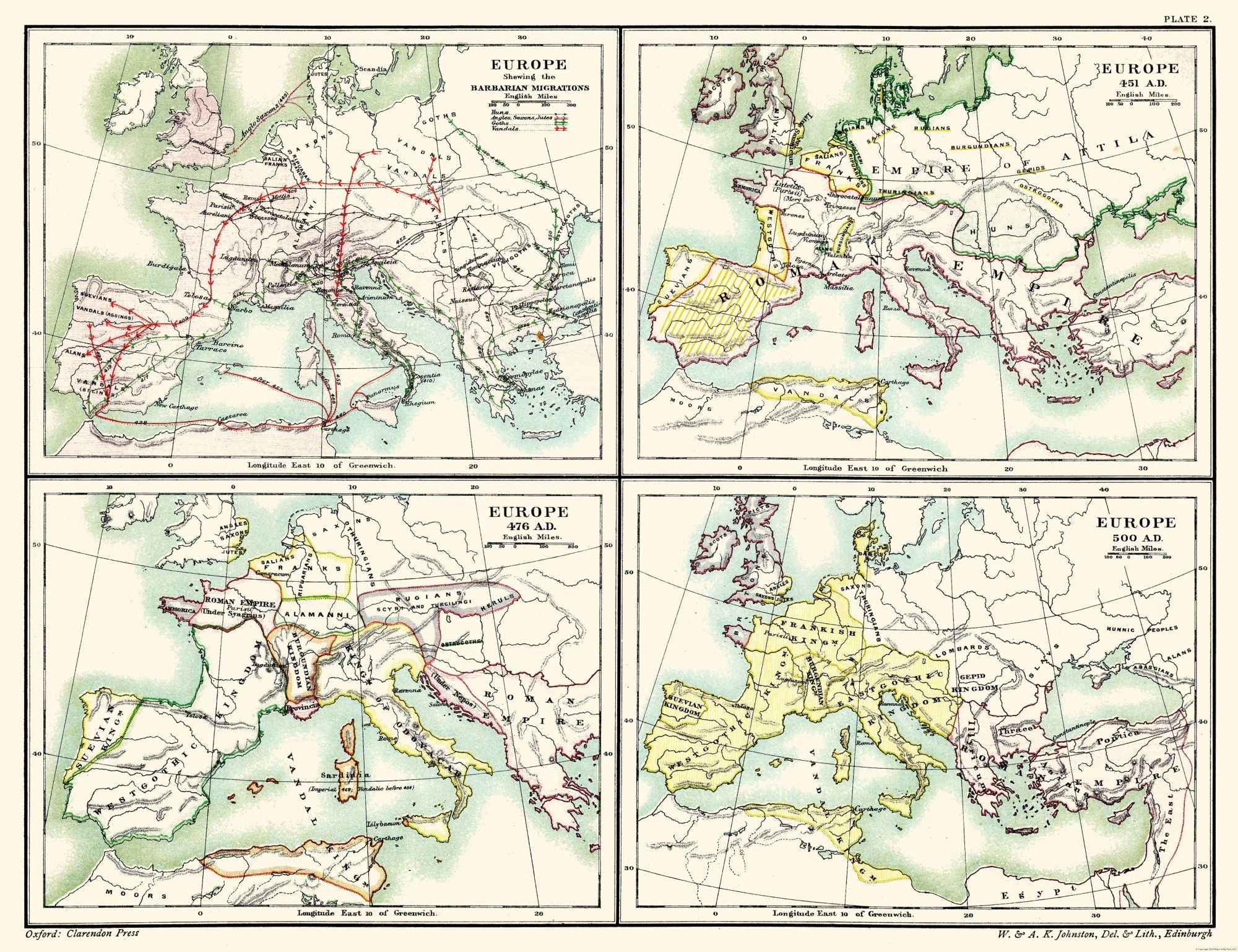 Historic Map - Europe Barbarian Migrations 451 AD 500 AD - Poole 1902 ...