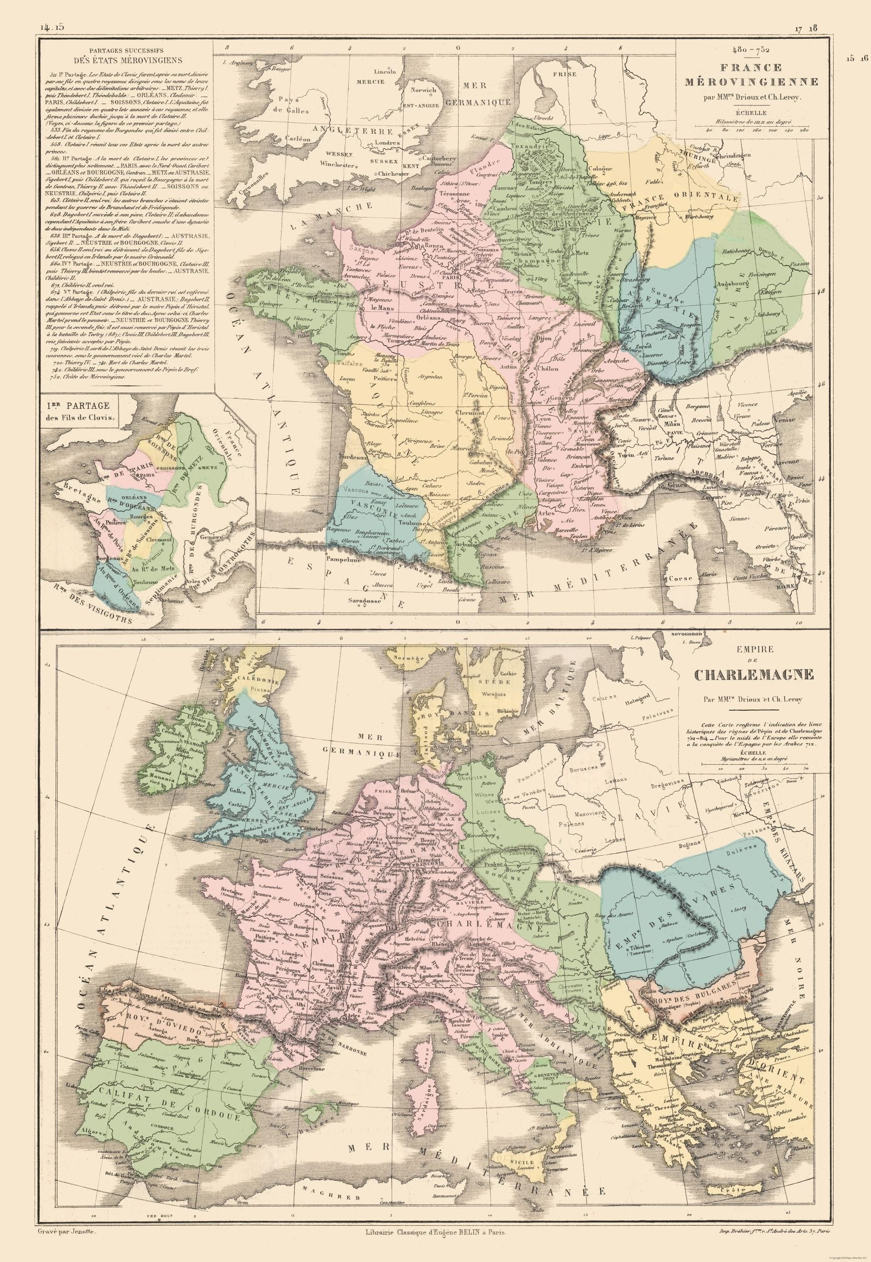 Historic Map - Europe Carolingian Empire Merovingian Dynasty - Drioux ...