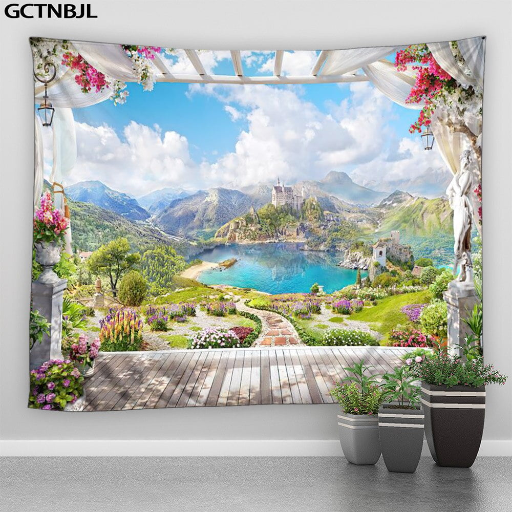Europe Garden Landscape Tapestry Wall Hanging Lake Roman Building Ocean ...